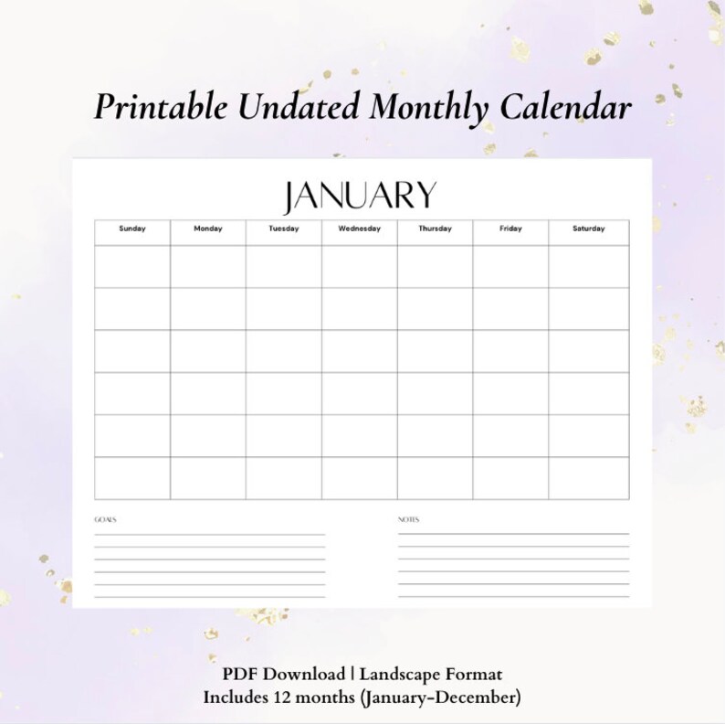 Monthly Undated Calendar Printable 12 Full Months - Etsy