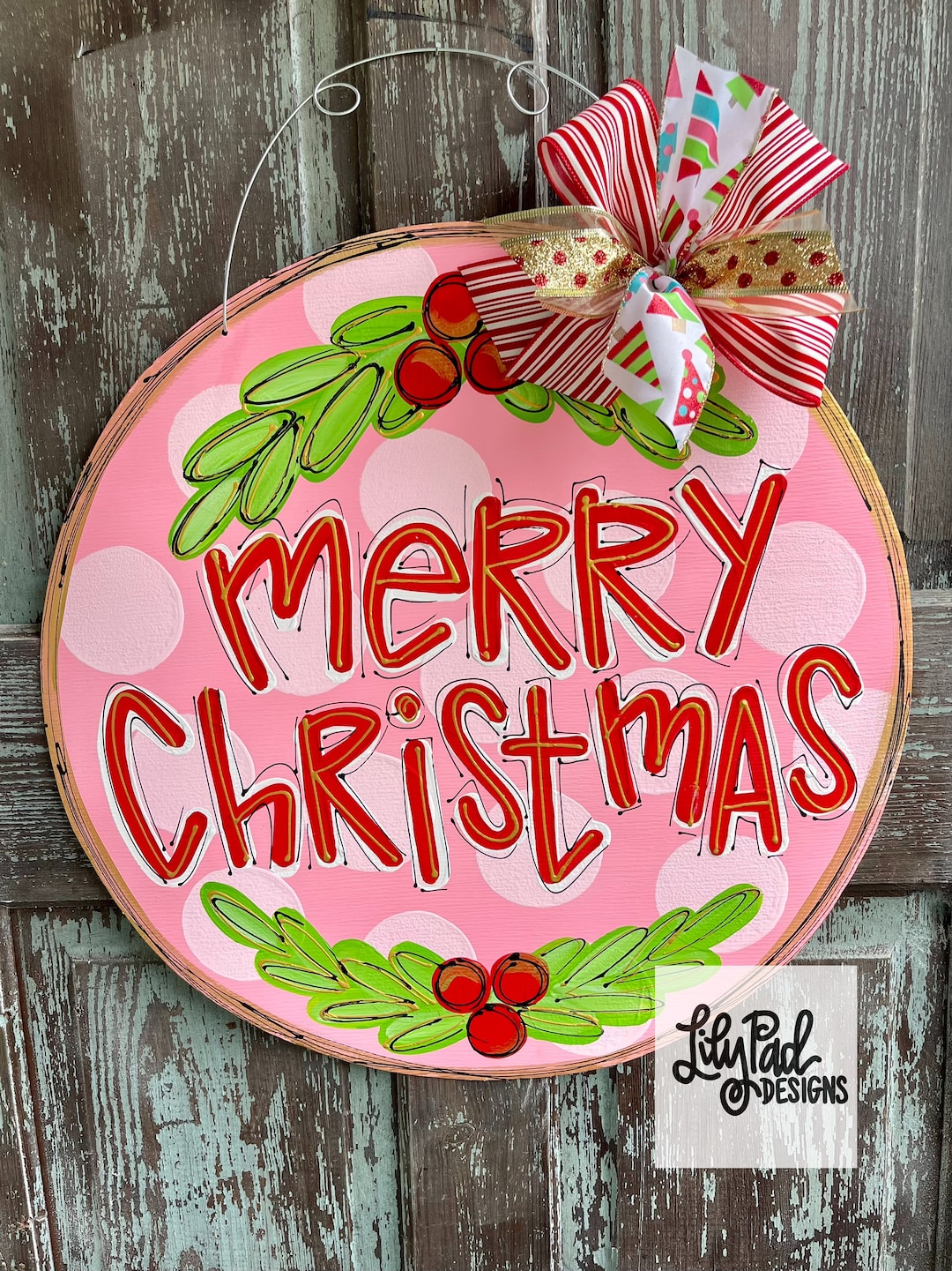Door Hanger Template -pink Merry Christmas Circle - Etsy