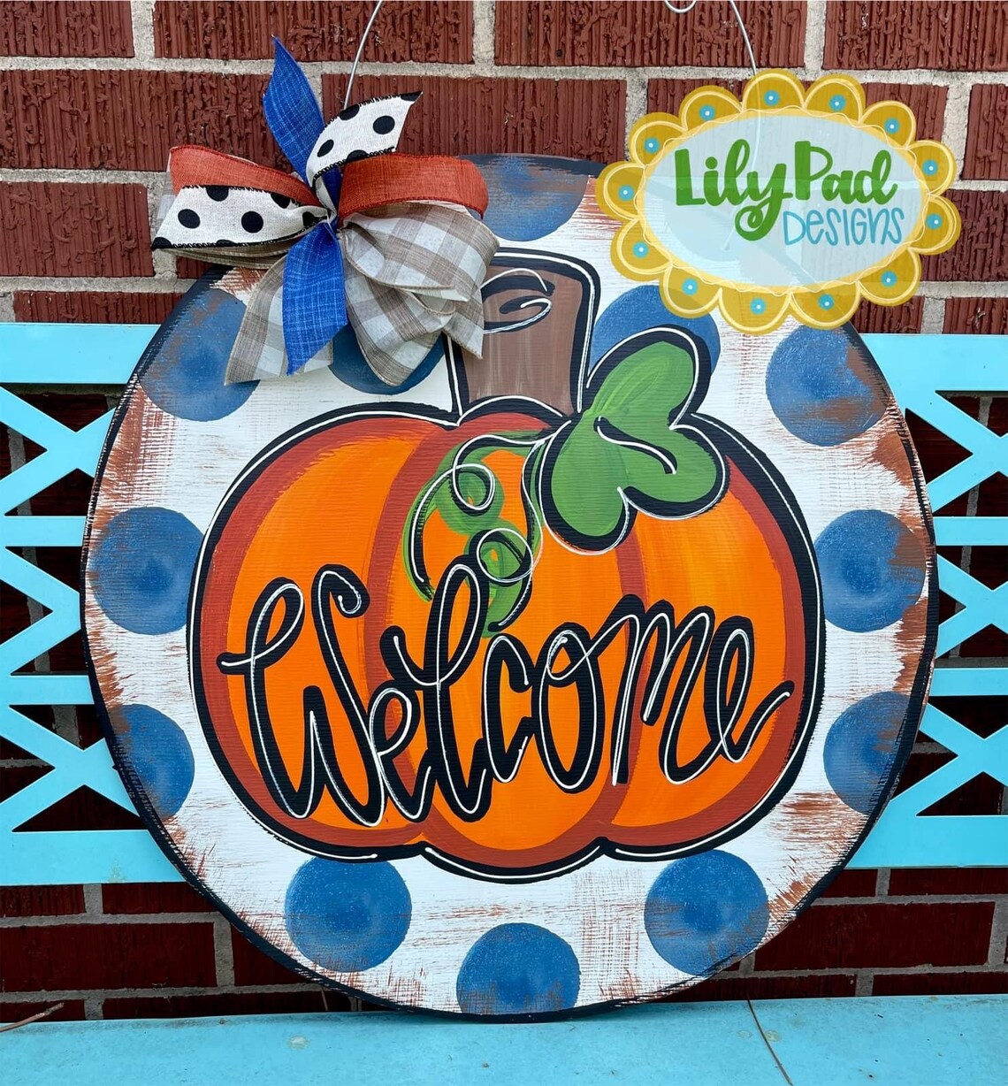 Pumpkin/blue Dots Round Door Hanger - Etsy