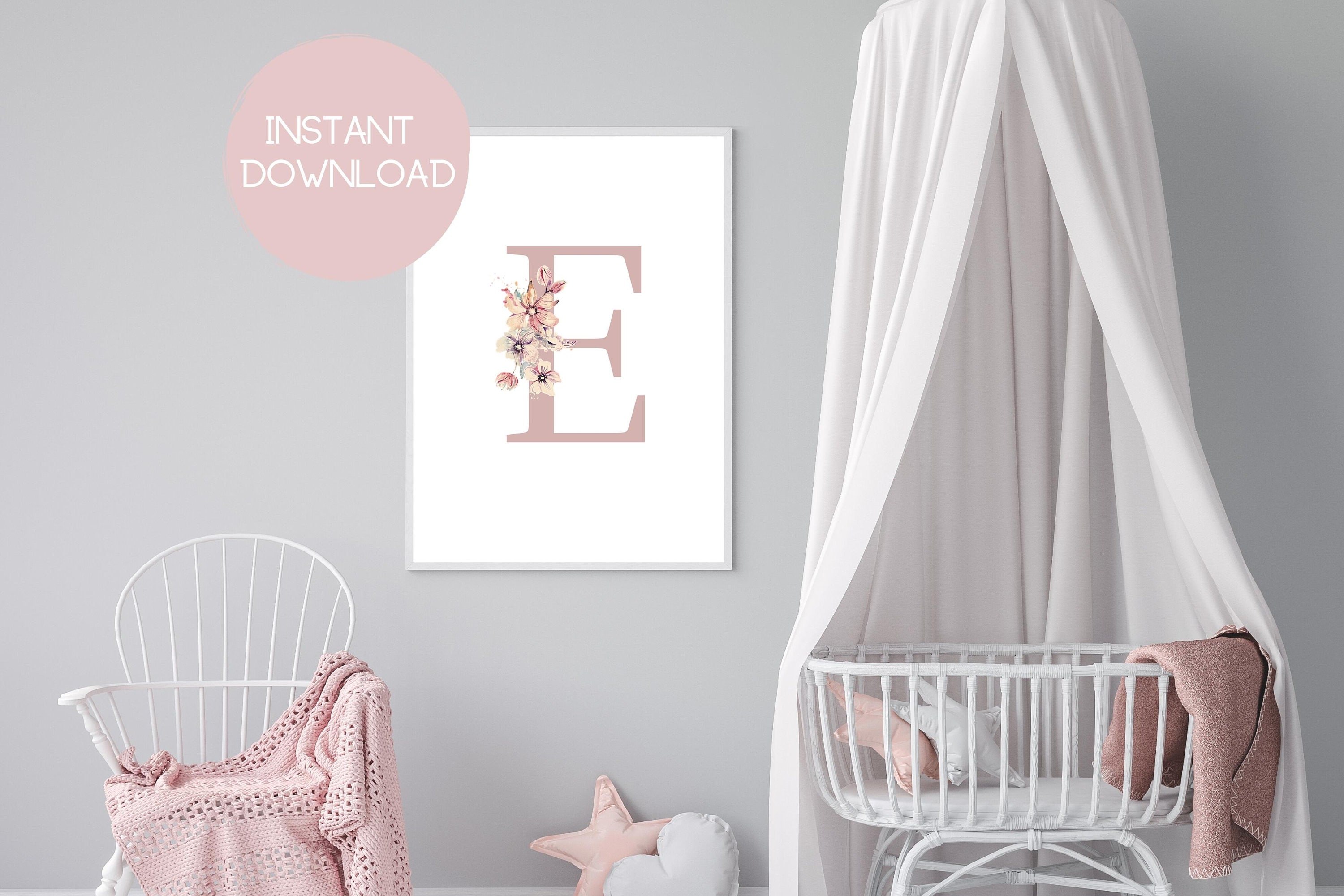 Letter Art Print, Monogram Sign, Printable Letter E Wall Art, Initial Wall Decor, Floral Letter ...