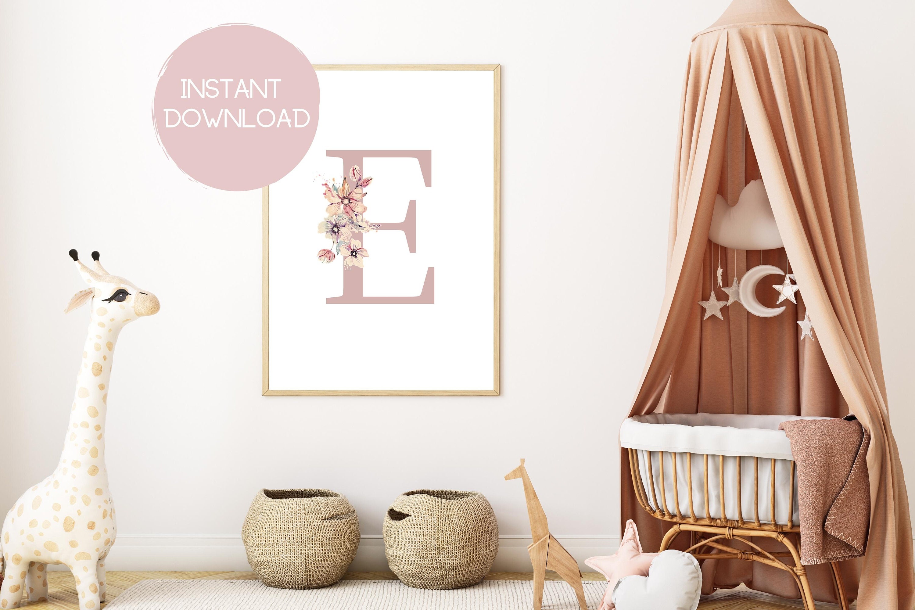 Letter Art Print, Monogram Sign, Printable Letter E Wall Art, Initial Wall Decor, Floral Letter ...