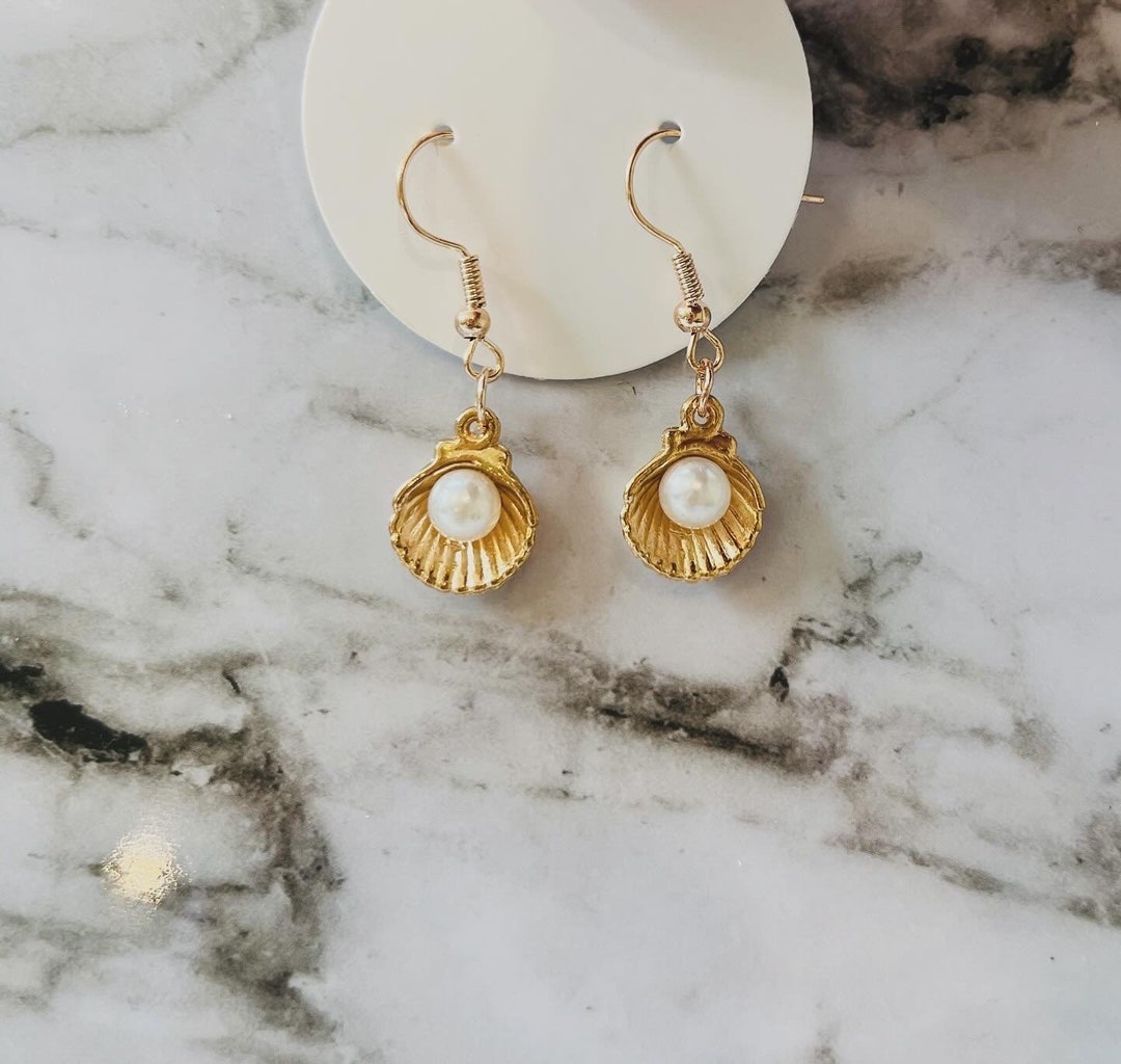 Hanging Beach Shell Earrings Golden Oyster - Etsy