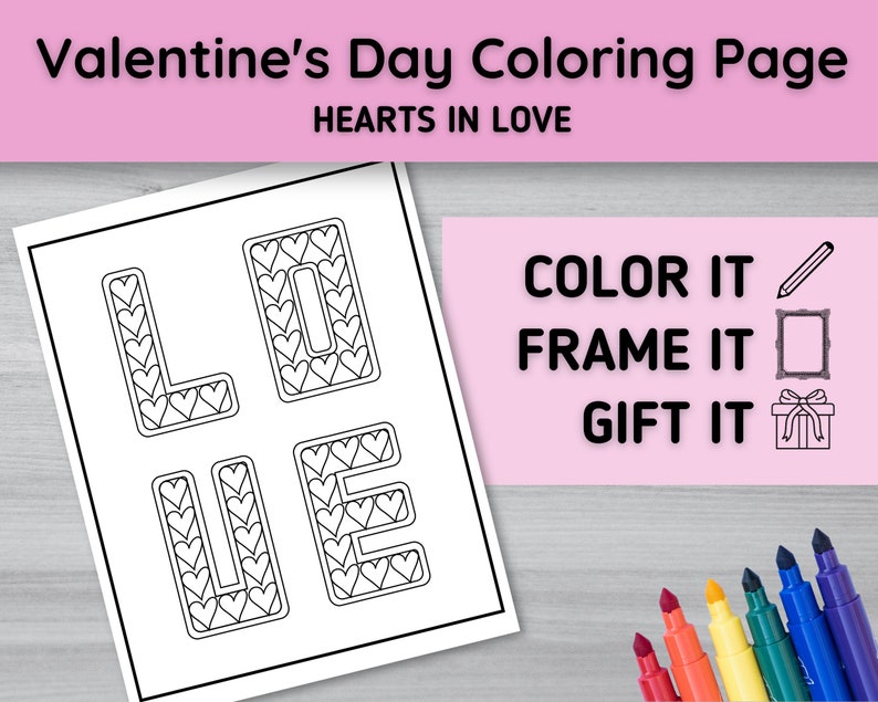 Hearts in Love Coloring Page Printable Coloring Page 8.5x11 Valentines ...