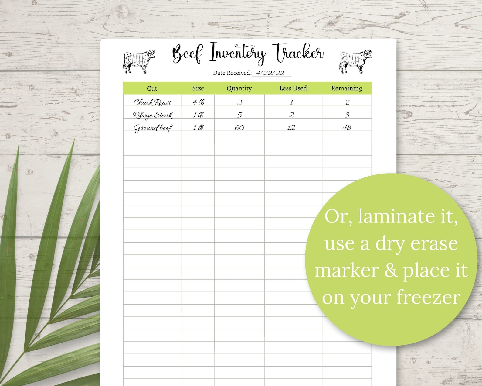 Beef Inventory Tracker | Kitchen Inventory Printable | Freezer ...