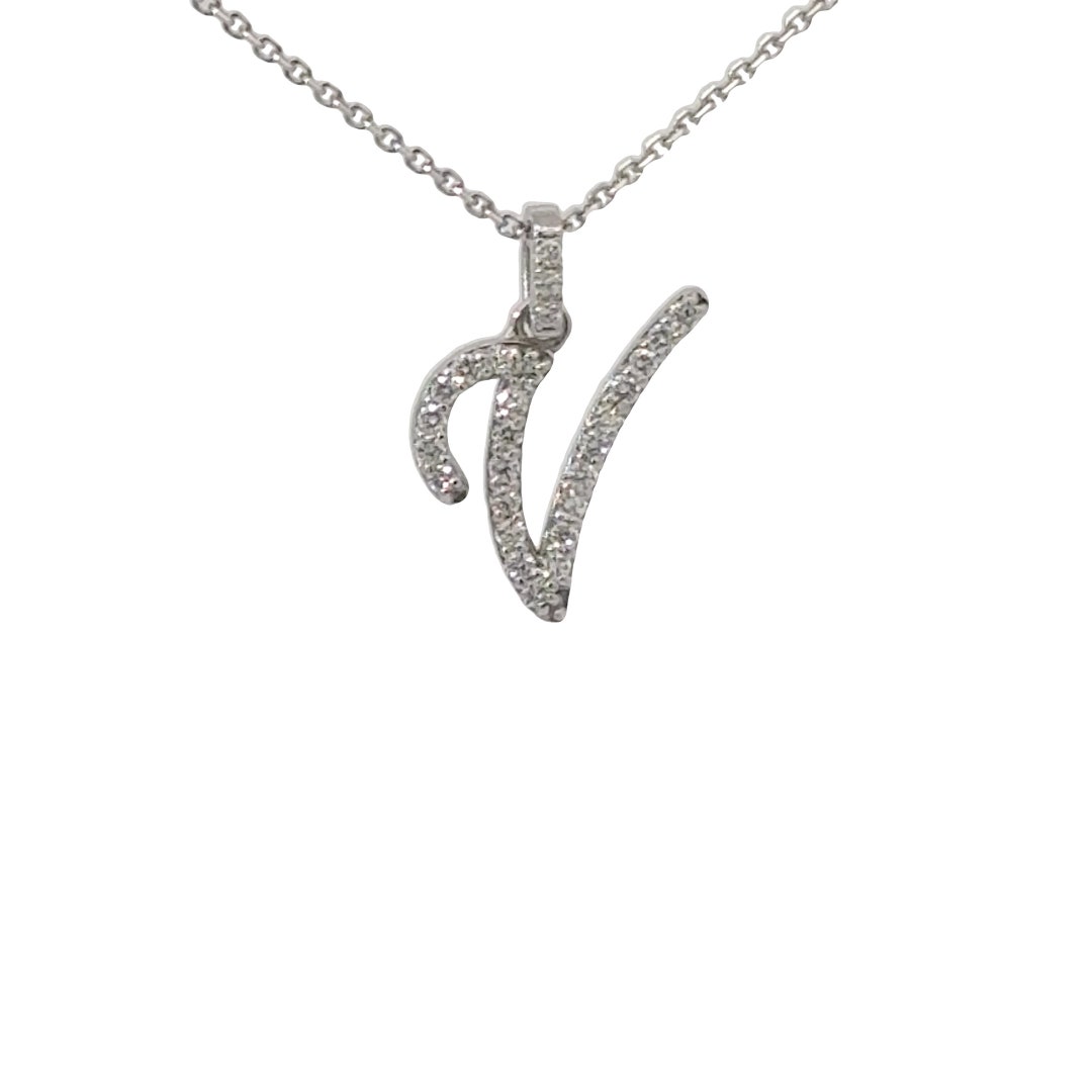 14K White Gold Diamond ‘V’ Initial Pendant - Etsy
