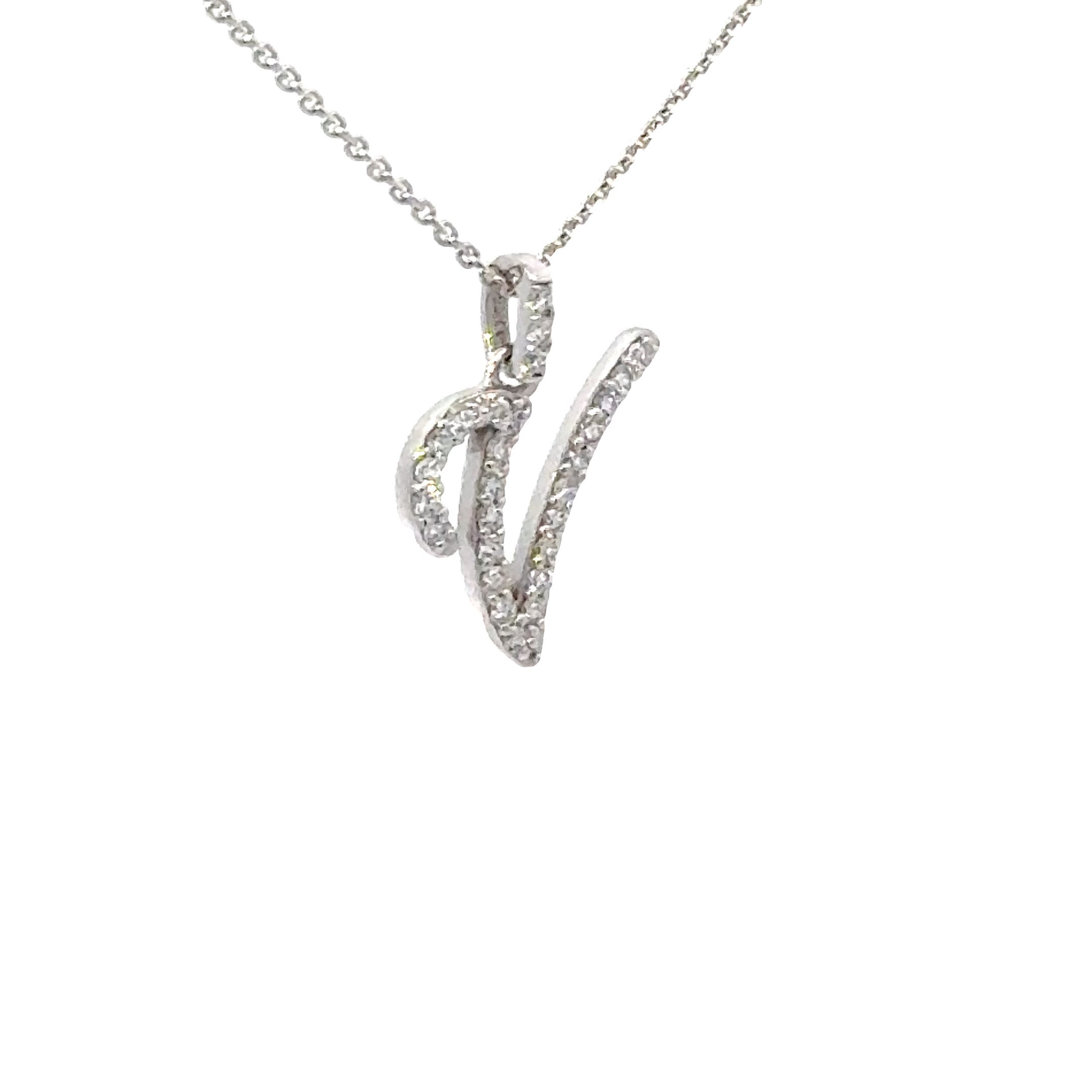 14K White Gold Diamond V Initial Pendant