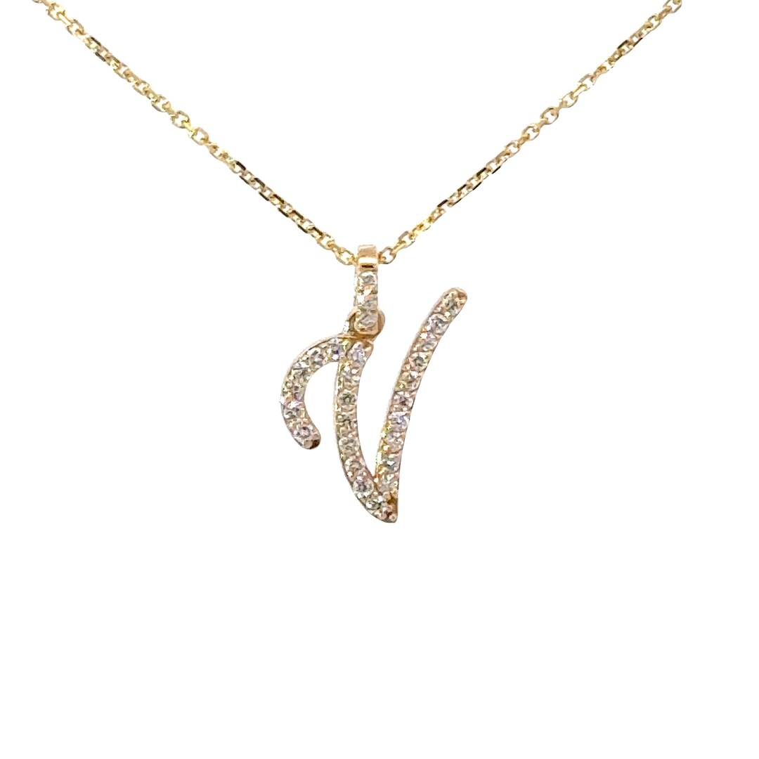 14K Yellow Gold Diamond ‘V’ Initial Pendant - Etsy