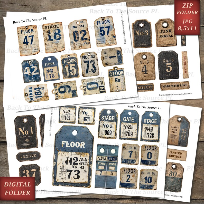 Faded Distressed Junk Labels and Tags, Vintage Numbers, Printable ...