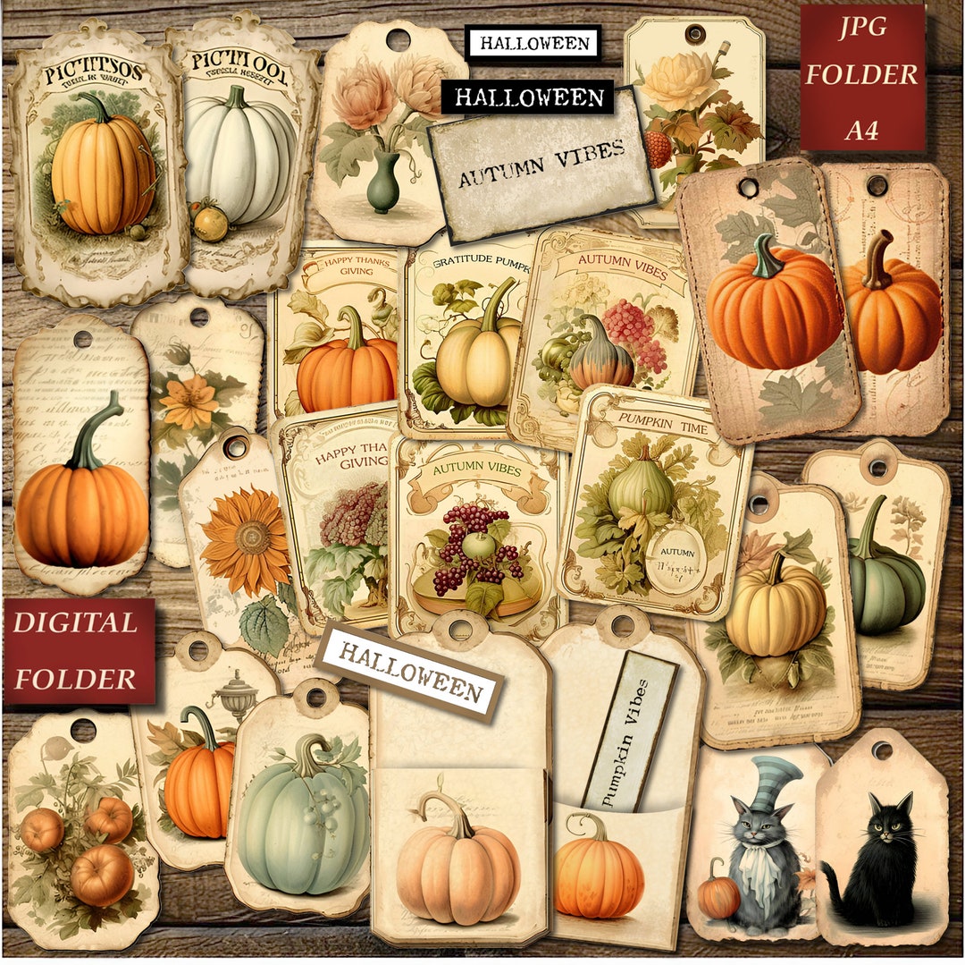 Pumpkin Tags, Vintage Autumn Labels, Junk Journal Ephemera ...