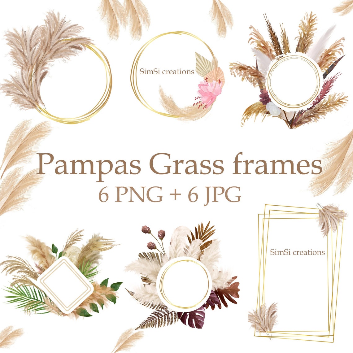 Pampas Grass Frames Clipart /boho Watercolor/neutral Colors Pampas PNG ...