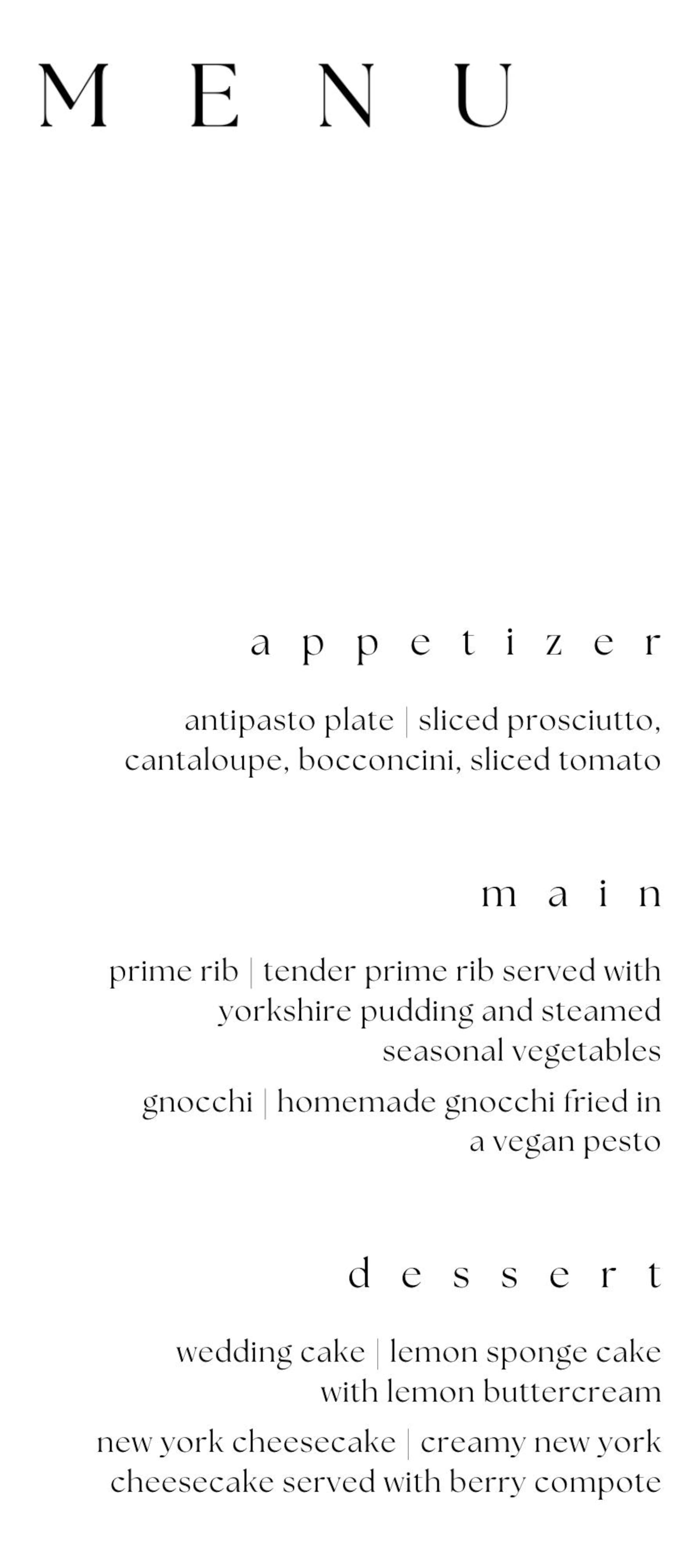 Editable Menu "the Kennedy" - Wedding Menu, Bridal Shower Menu, Event ...