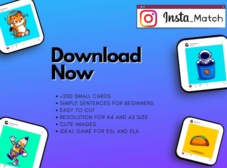 Insta_match 200 ESL Memory Matching Cards Game Teaching - Etsy
