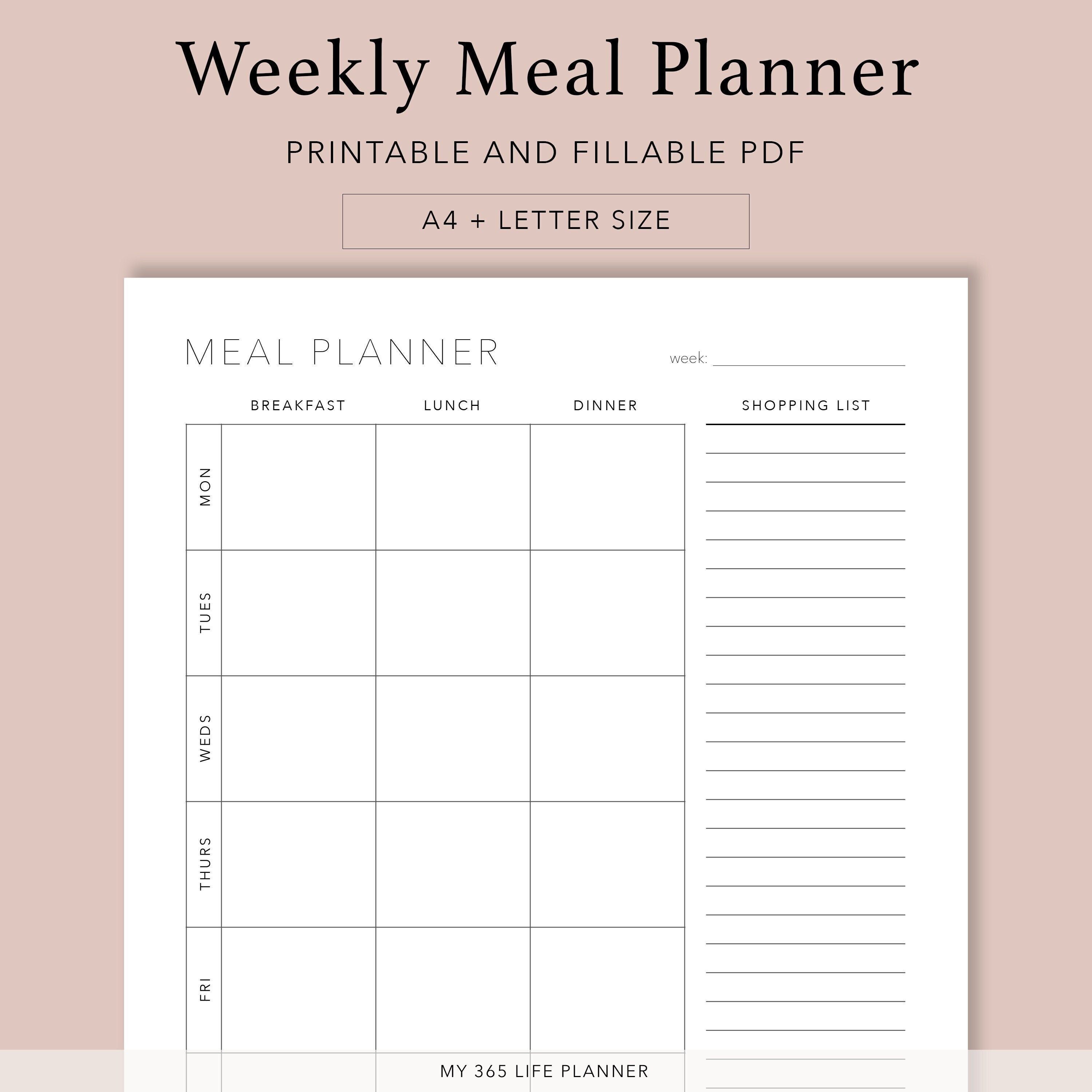 Weekly Meal Planner Printable and Fillable PDF, Daily Meal Planning ...