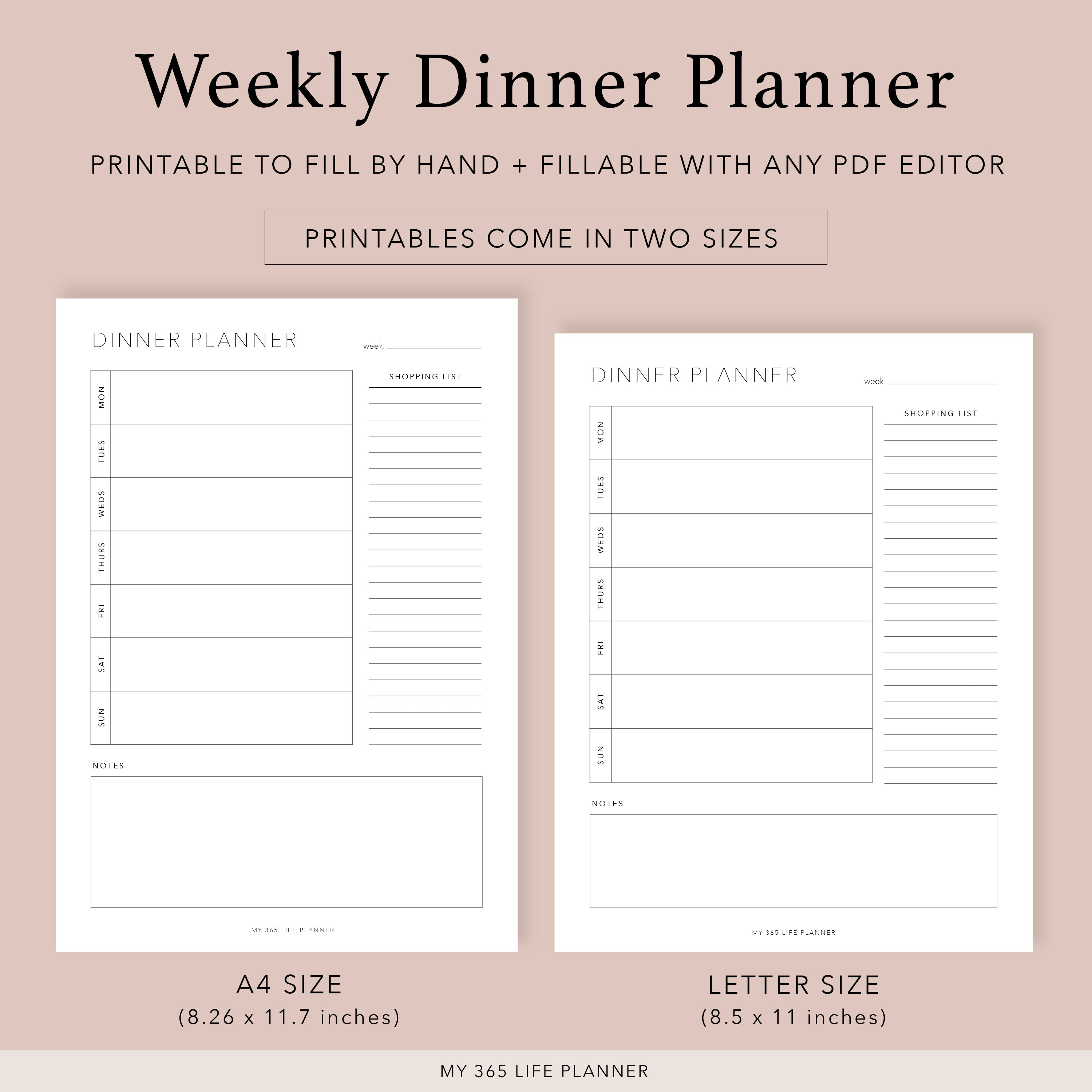 Weekly Dinner Planner Printable and Fillable PDF, Daily Dinner Planning ...