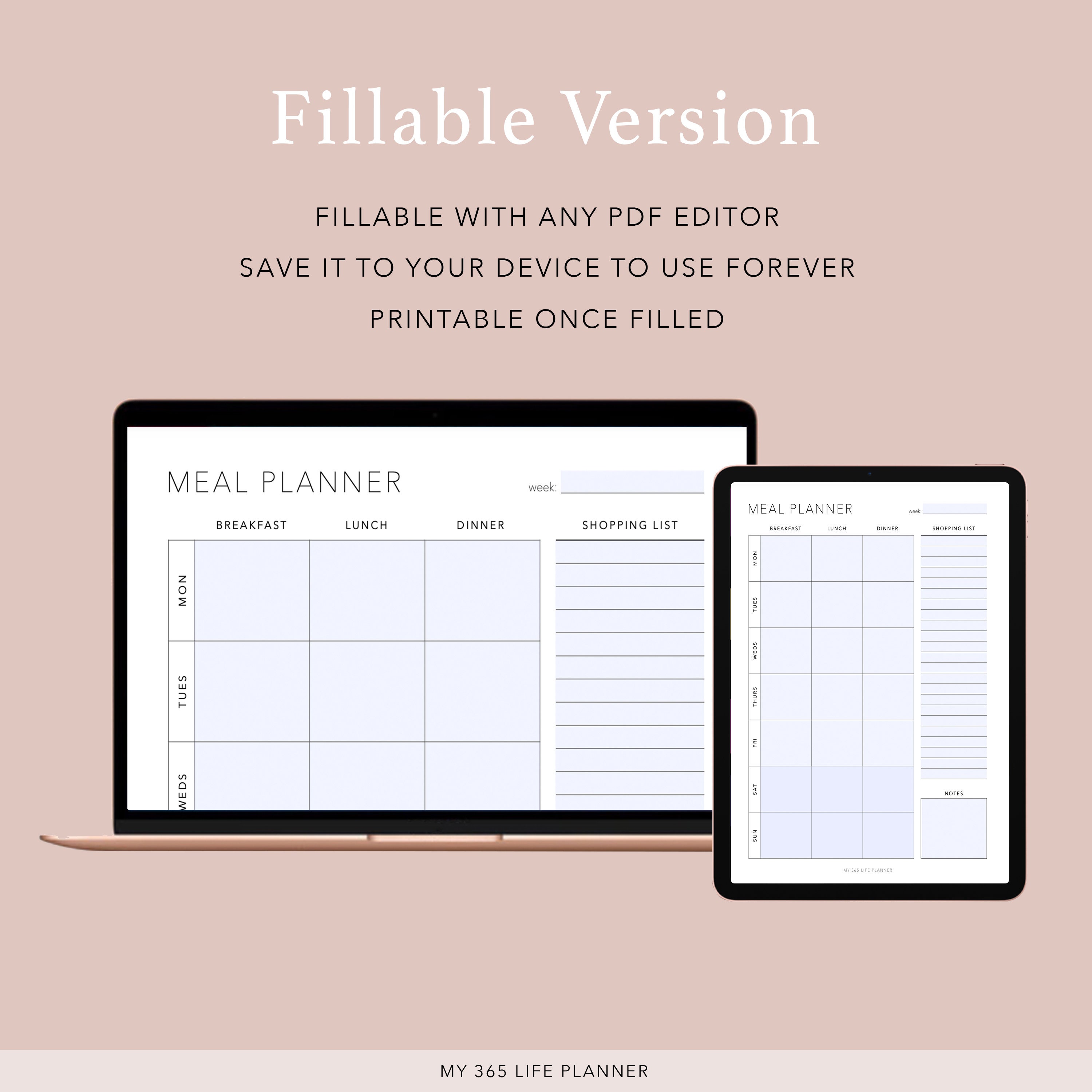 Weekly Meal Planner Printable and Fillable PDF, Daily Meal Planning ...
