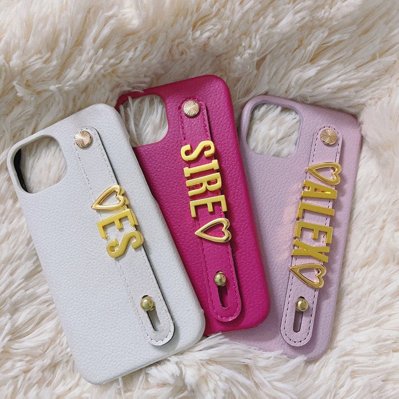 Customized Leather Phone Case With Strap and Gold-colored Name Tag for ...