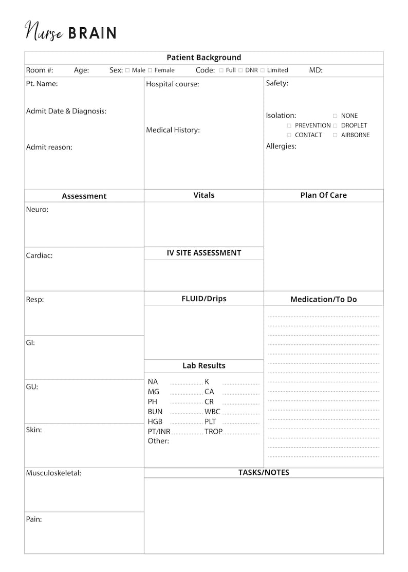 Nurse Brain Sheet Printable Nursing Report Sheet Single - Etsy Canada