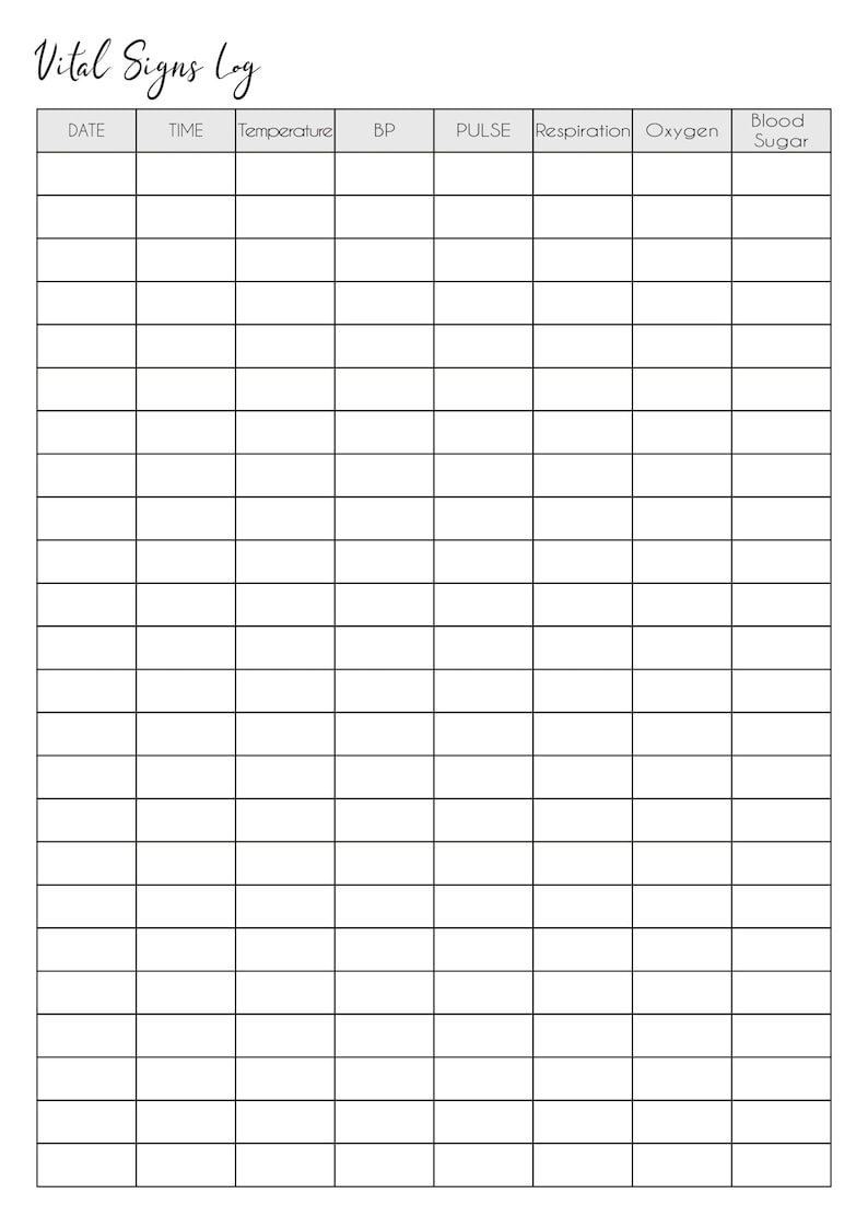 Vital Signs Log : Tracking Heart Rate Temperature Blood | Etsy