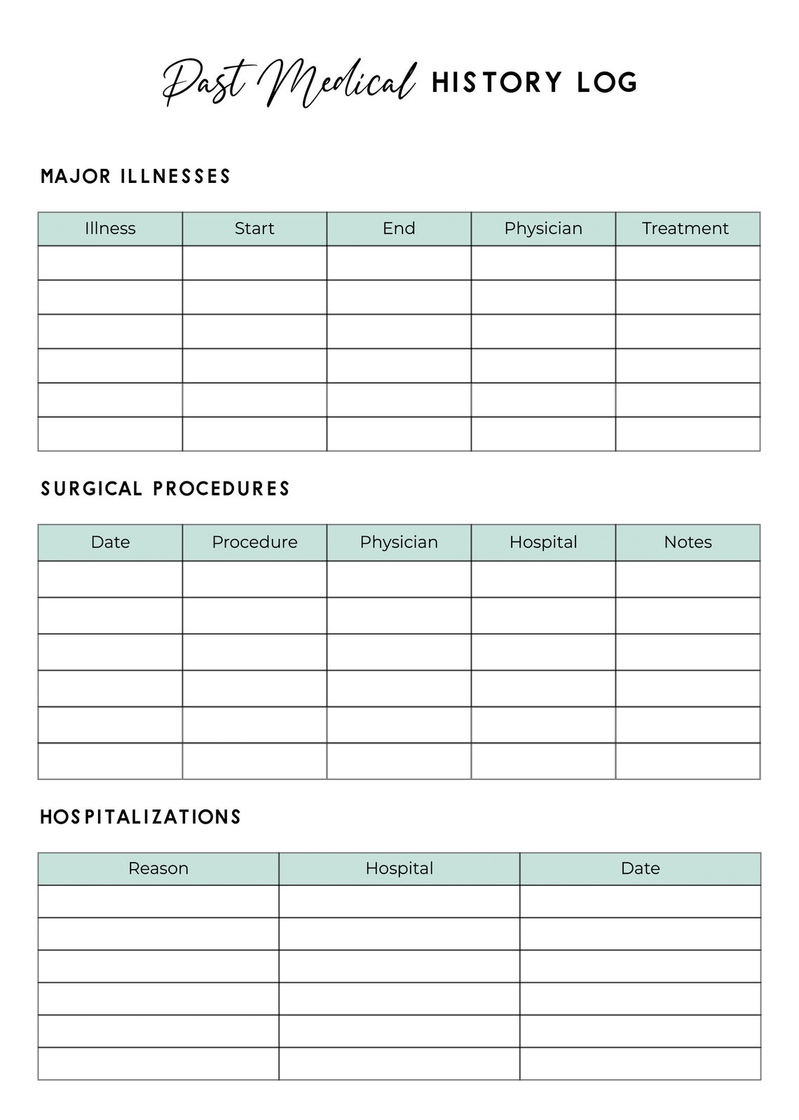 Medical History Form Printable Medical History Checklist - Etsy