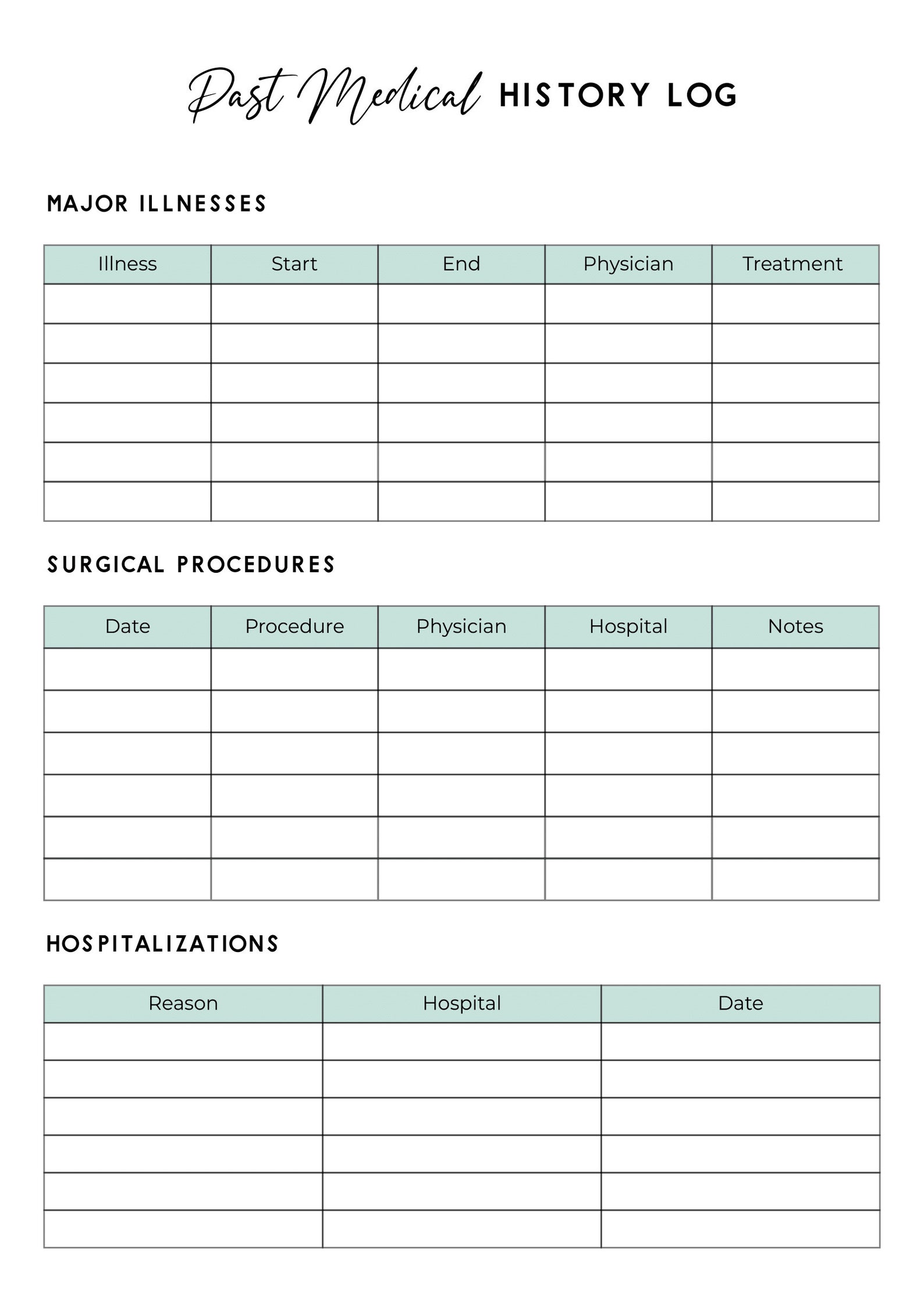 Medical History Form, Printable Medical History Checklist, Personal ...