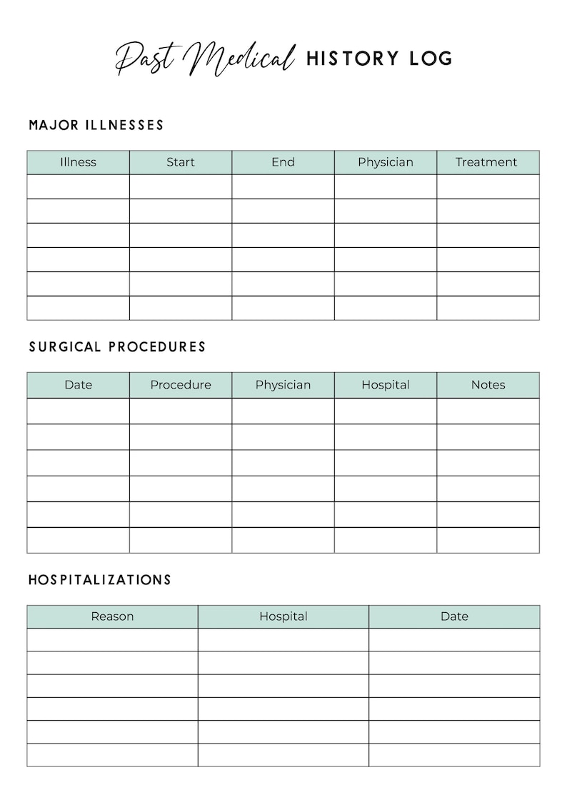 Medical History Form Printable Medical History Checklist - Etsy