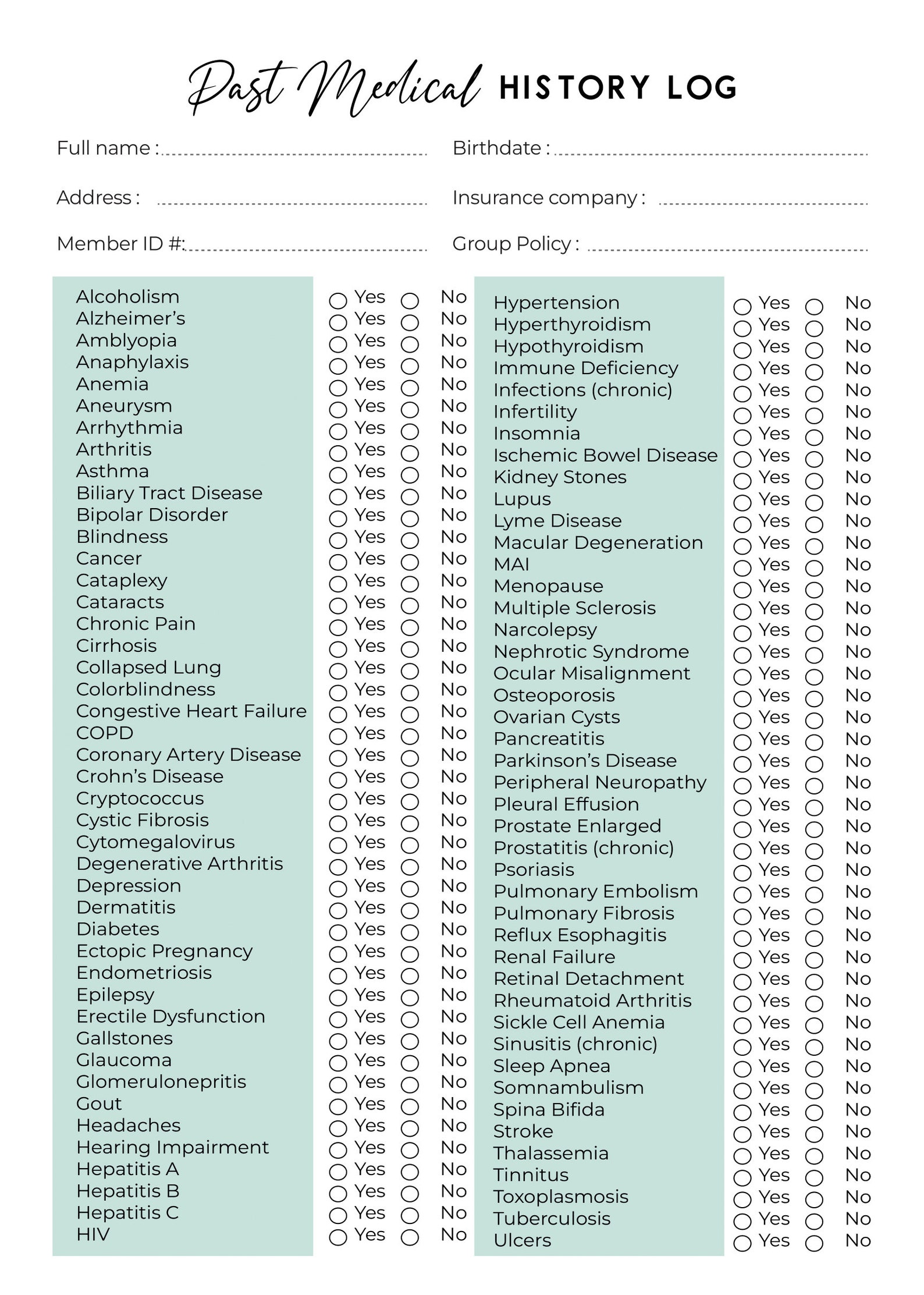 Medical History Form, Printable Medical History Checklist, Personal ...