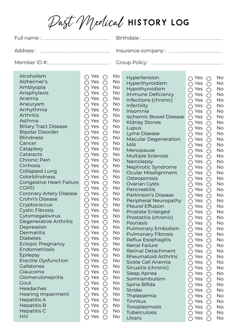 Medical History Form, Printable Medical History Checklist, Personal ...