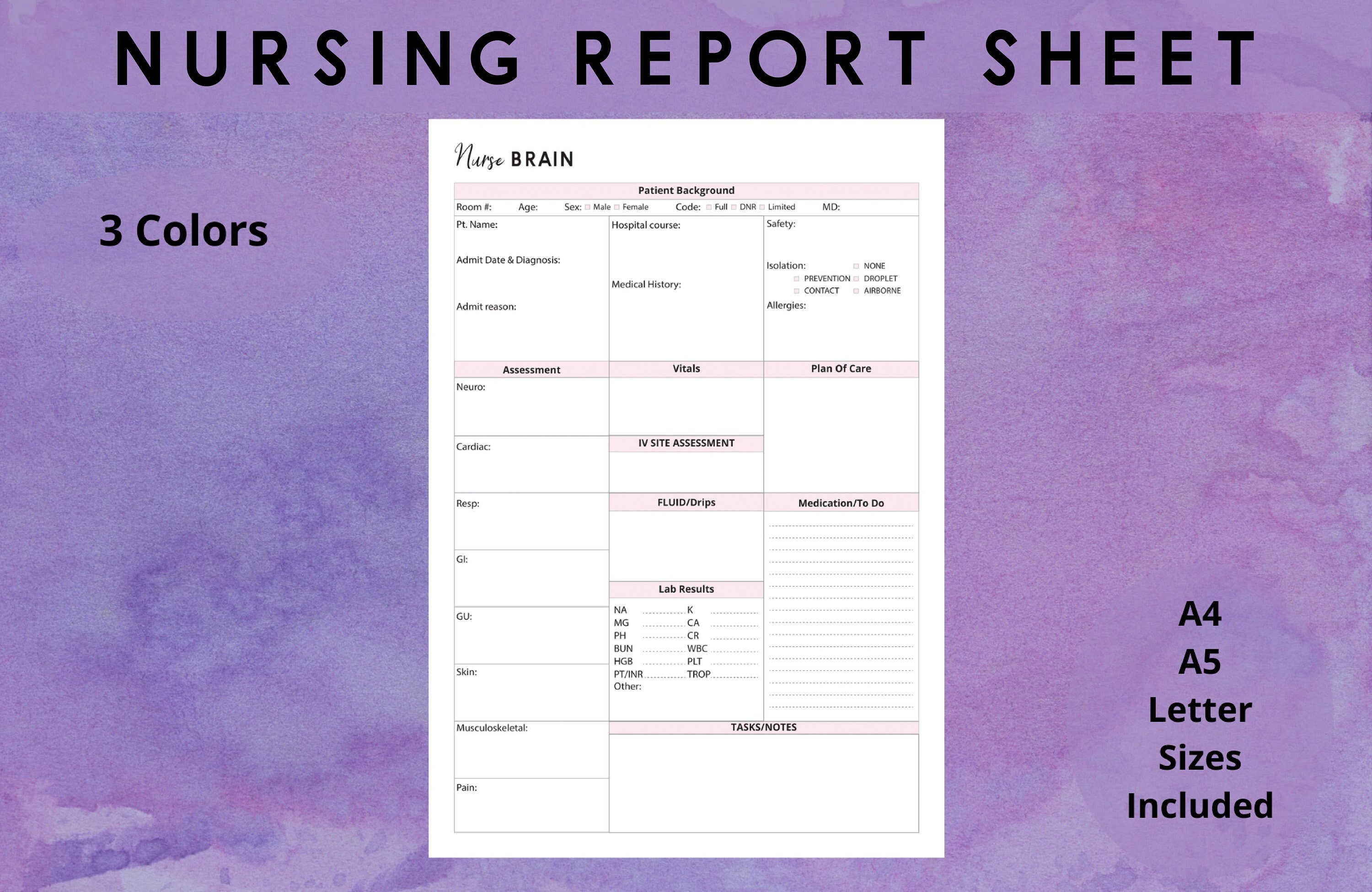 Nurse Brain Sheet Printable Nursing Report Sheet Single - Etsy Canada