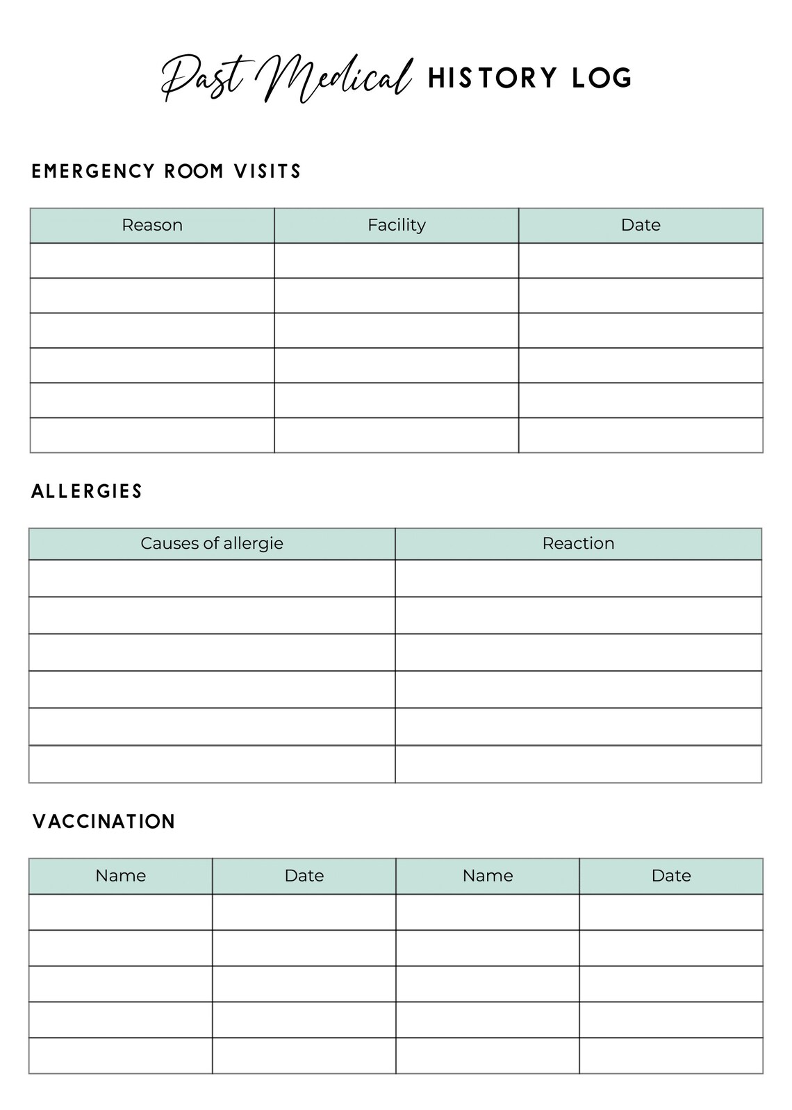 Medical History Form Printable Medical History Checklist - Etsy