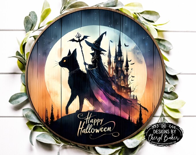 Halloween Cat Witch Wreath Sign, Metal Wreath Sign, 8 Inch Round Sign ...