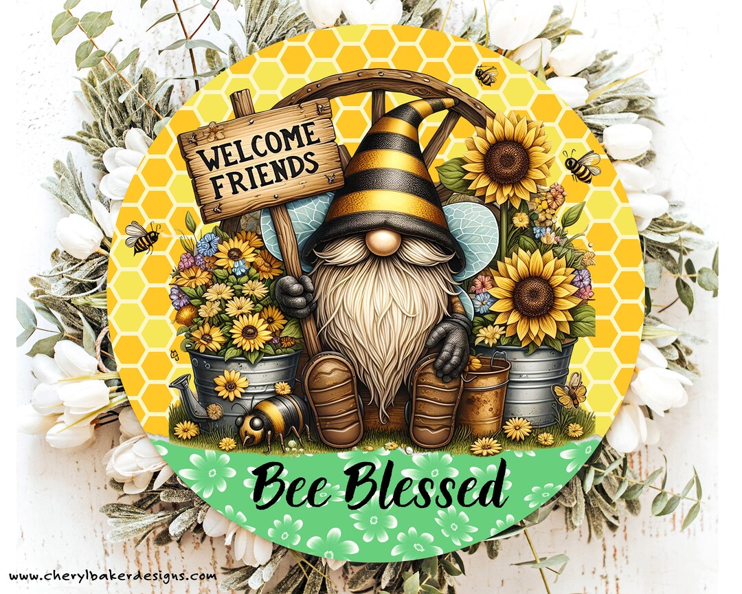 Bee Blessed Wreath Sign, Bee Welcome Sign, Bee Wreath Attachment, Bee ...
