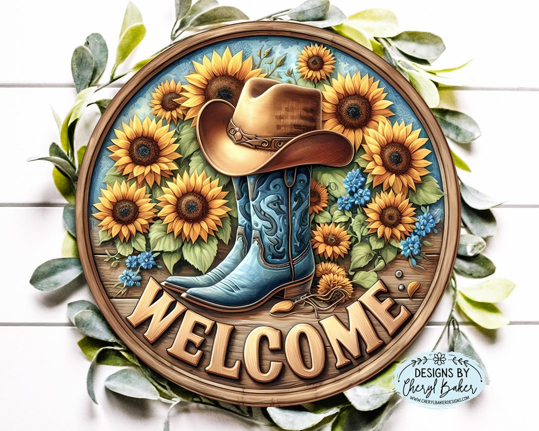 Cowboy Welcome Sign, Cowboy Wreath Sign, Western Door Sign, Welcome ...
