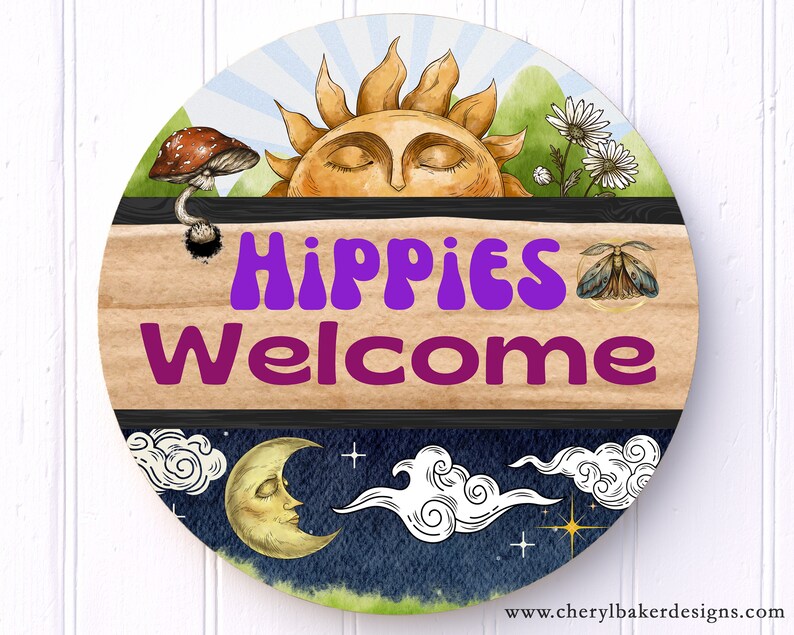 Hippie Welcome Sign Front Door 70s Nostalgia Celestial - Etsy
