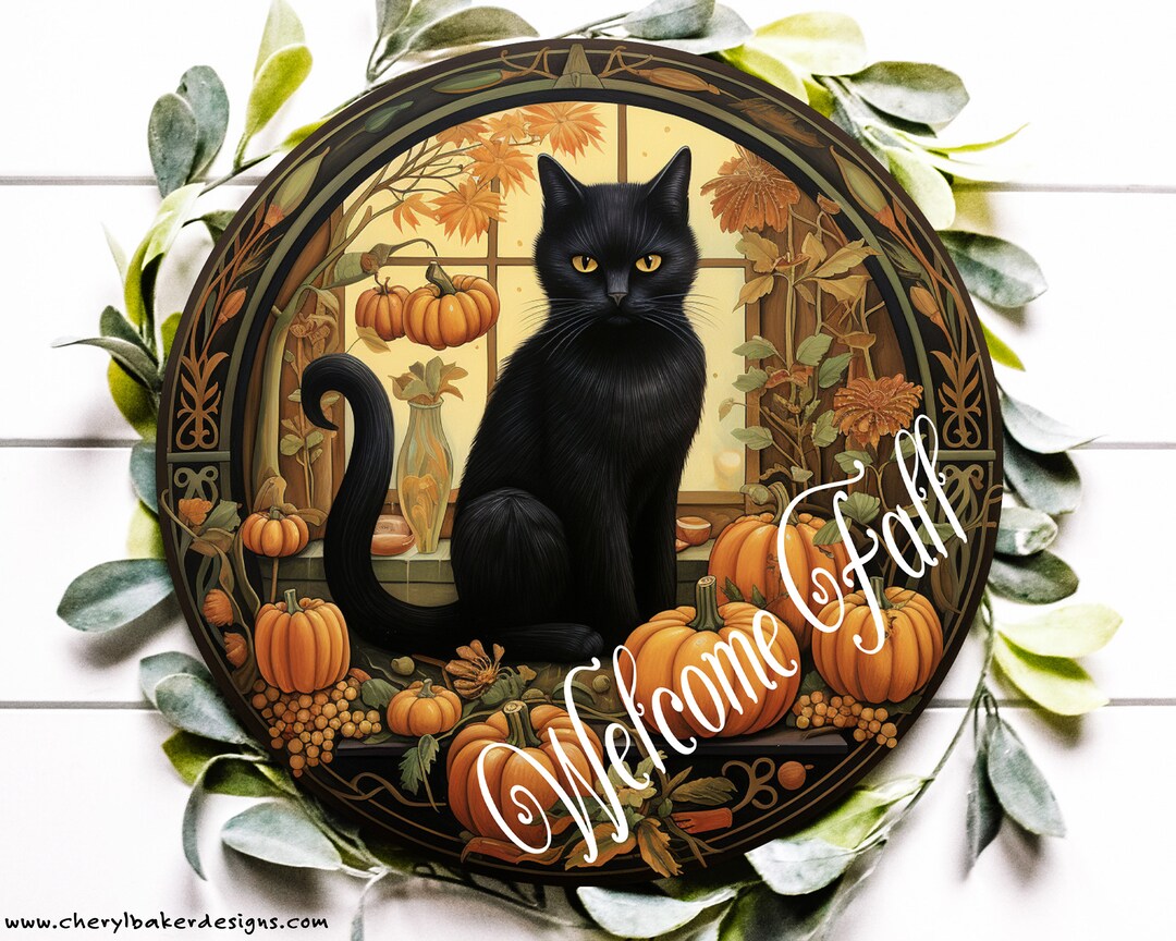 Fall Circle Welcome Sign, Fall Black Cat Door Hanger, Cat Halloween ...