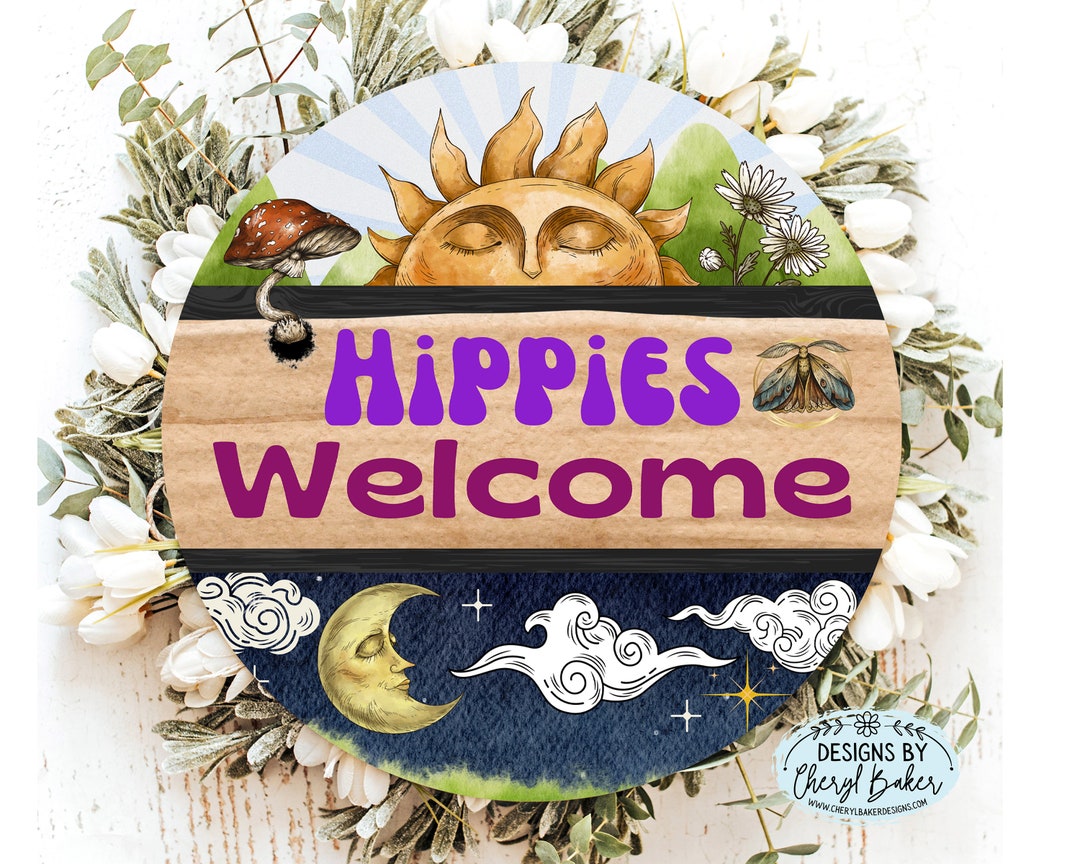 Hippie Welcome Sign Front Door, 70s Nostalgia, Celestial Welcome Sign ...