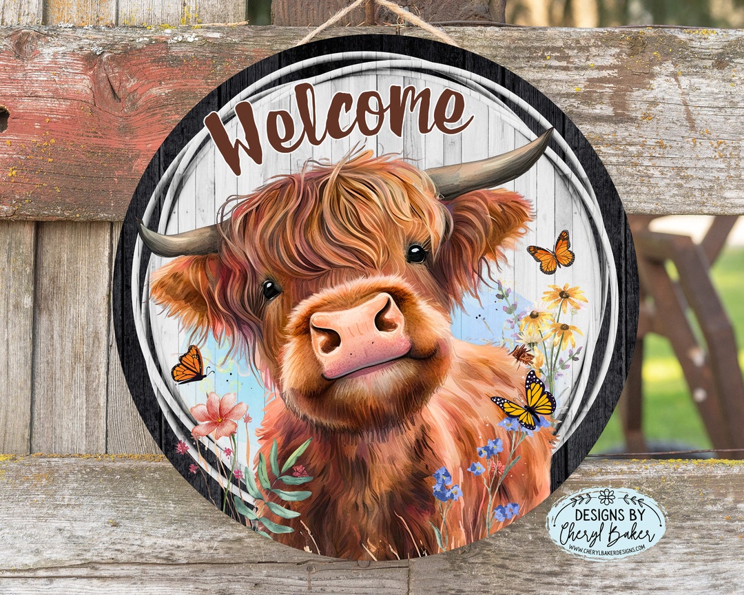 Cow Wreath Attachment, Cow Sign for Wreath, Cute Highland Cow Welcome ...