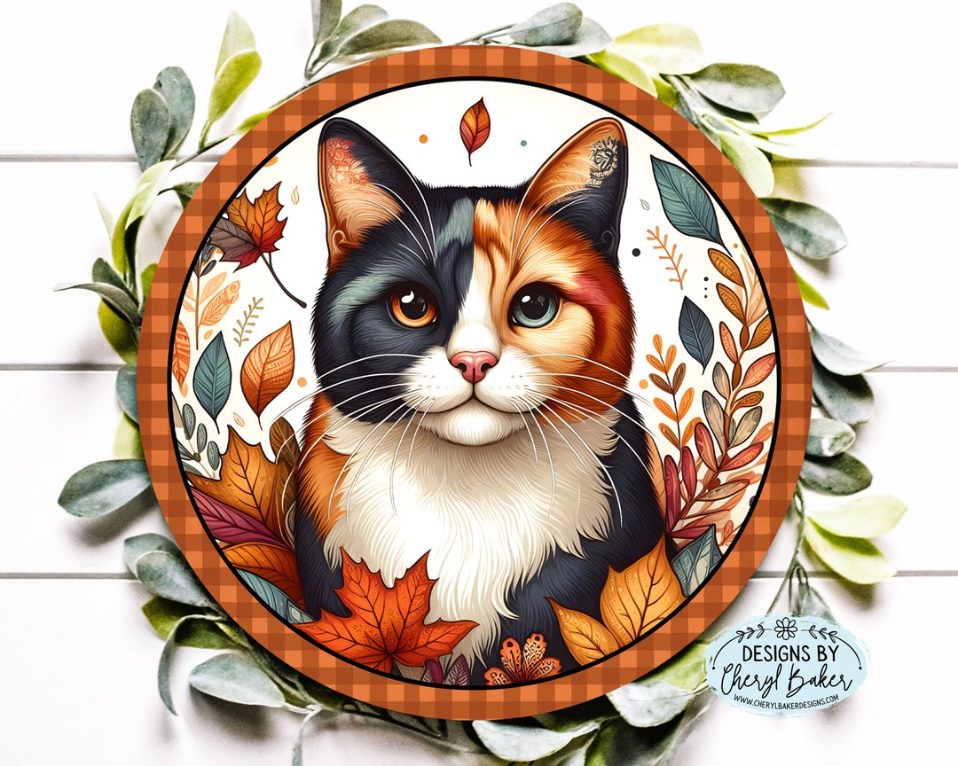 Calico Cat Wreath Sign, Autumn Cat Signs for Wreath, Autumn Wreath ...