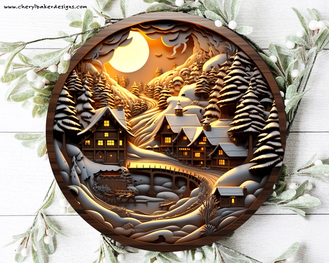 3D Christmas Sign, Snowy Village Wreath Sign, Xmas Wreath Sign, Tin ...