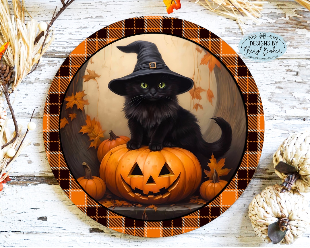 Black Cat Halloween Sign, Black Cat Door Hanger, Samhain Decorations ...