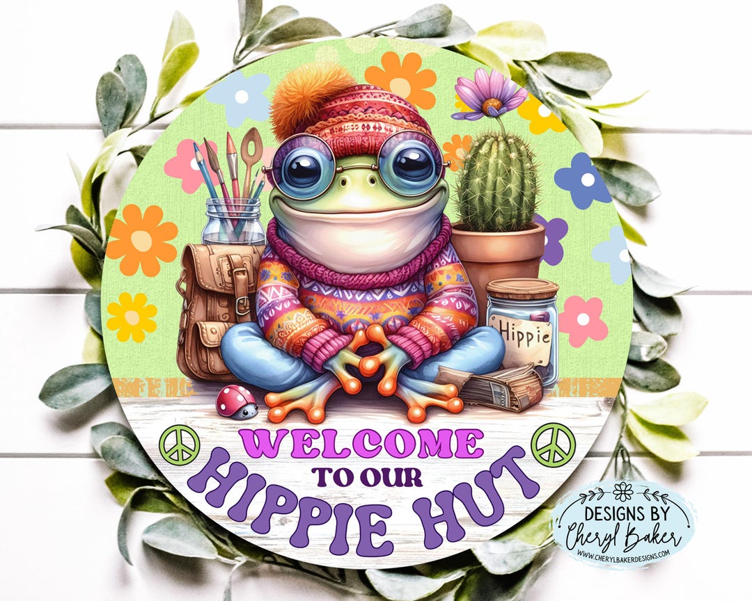 Hippie Welcome Sign, Frog Wreath Sign, Retro Door Sign, Metal Peace ...