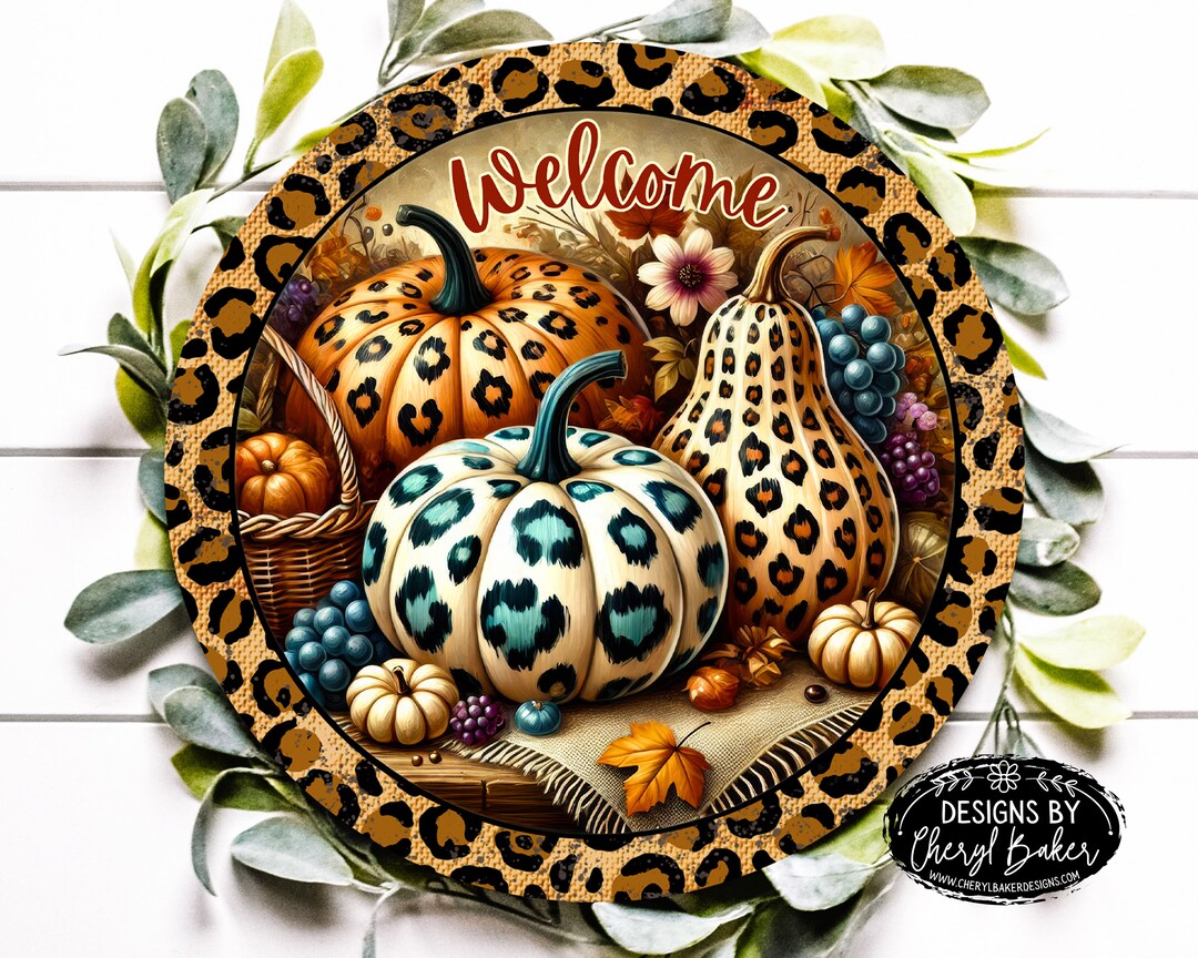 Leopard Pumpkin Sign, Pumpkin Wreath Signs, Round Fall Sign for Wreath ...