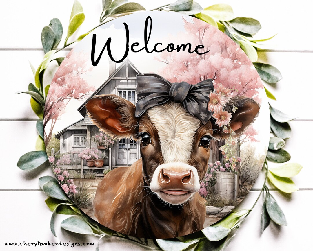 Cow Welcome Sign, Cow Wreath Attachment, Cow Sign for Wreath, Cow ...