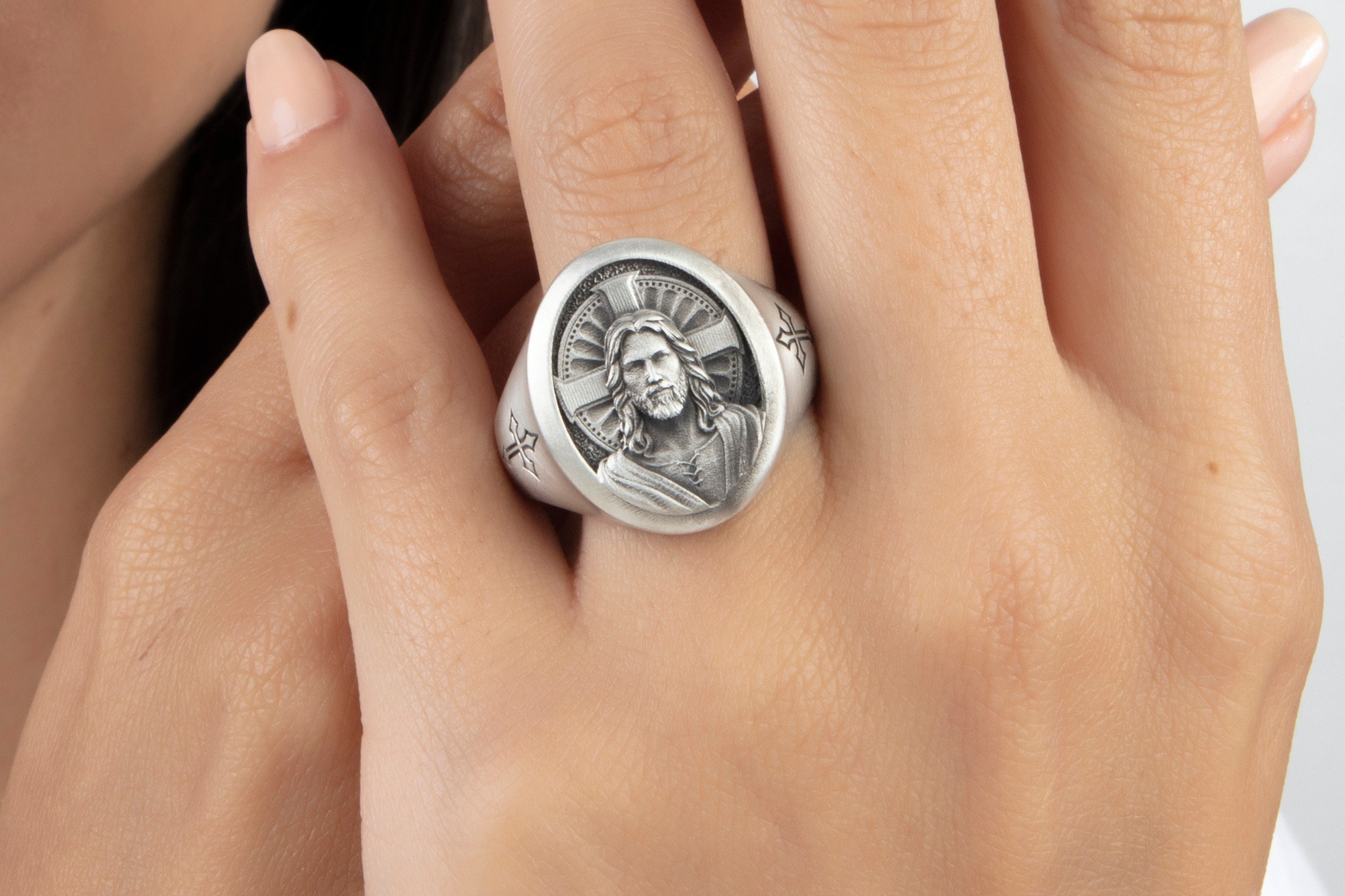 Silver Jesus Christ Signet Ring - 925 Sterling Christian Jewelry ...