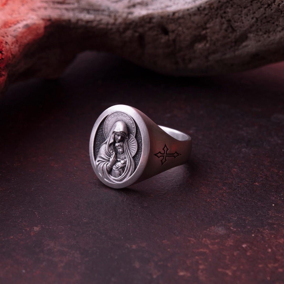 Mary and Jesus Signet Ring - 925 Silver Virgin Mary & Christ, Catholic ...