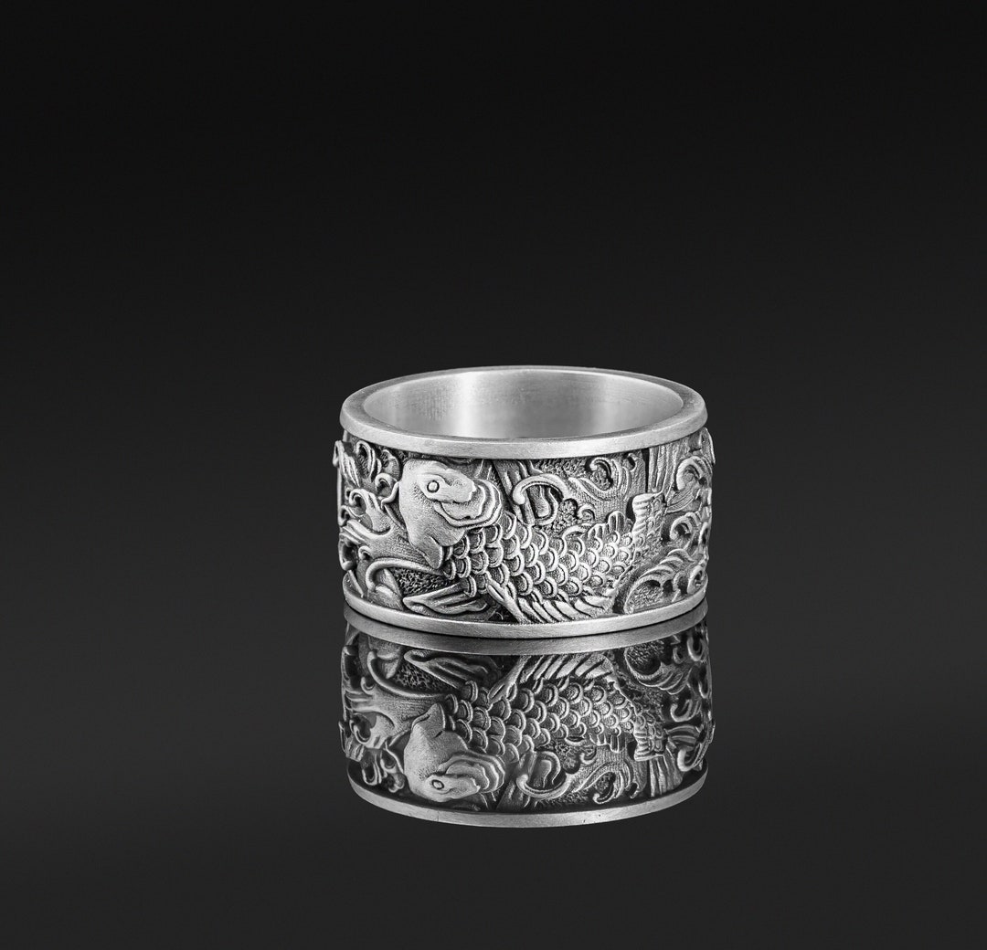 Carp and Waves Silver Men Band, Silver Ornament Ring, Stylish Men Rings ...