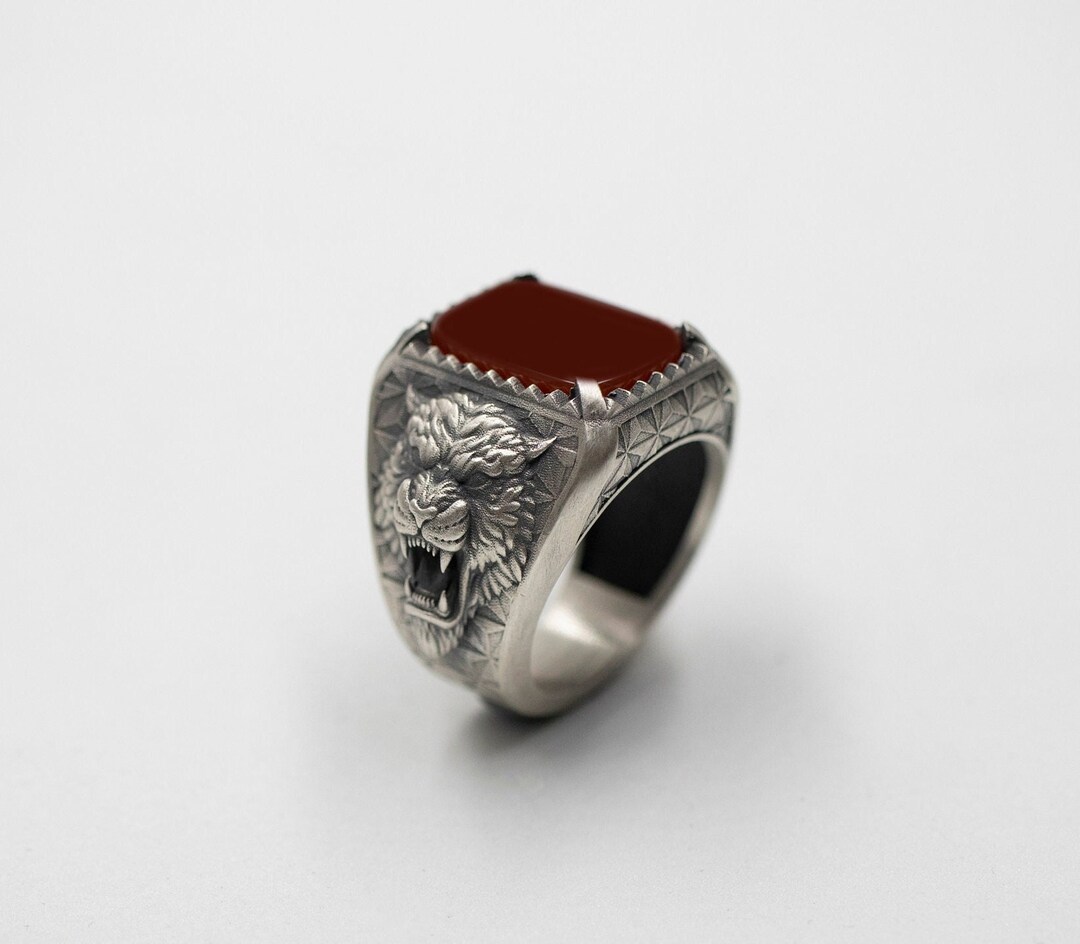 Tiger's Eye Silver Tiger Men's Ring, Red Garnet Ring, Tiger Eye Ring ...
