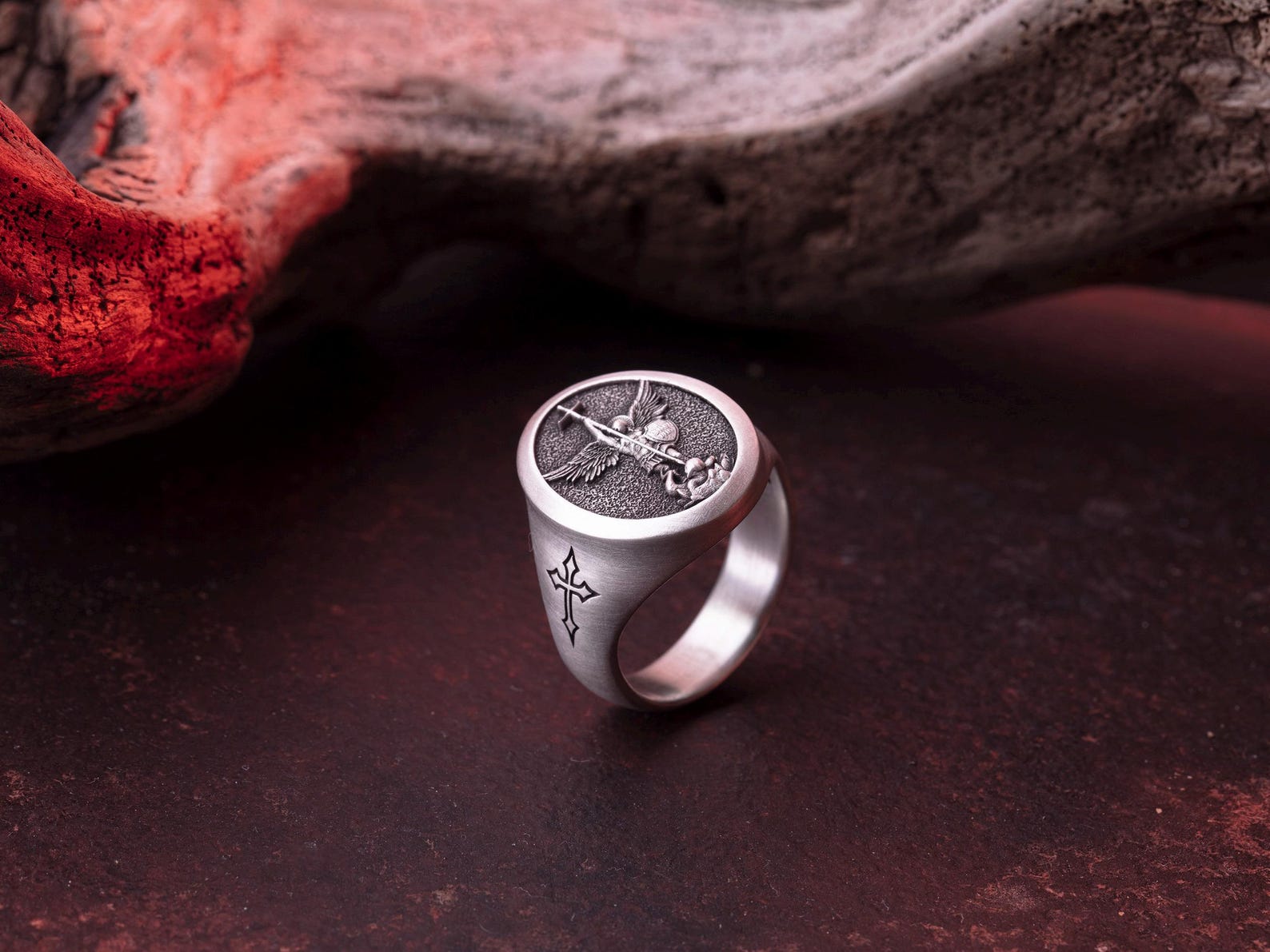 St. Michael Defeating Satan Signet Ring - 925 Silver Catholic Jewelry ...