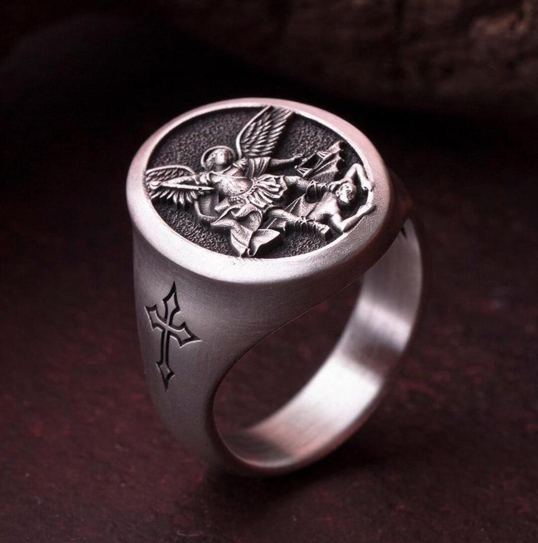 St. Michael Defeating Satan Ring - 925 Silver Archangel Protection ...