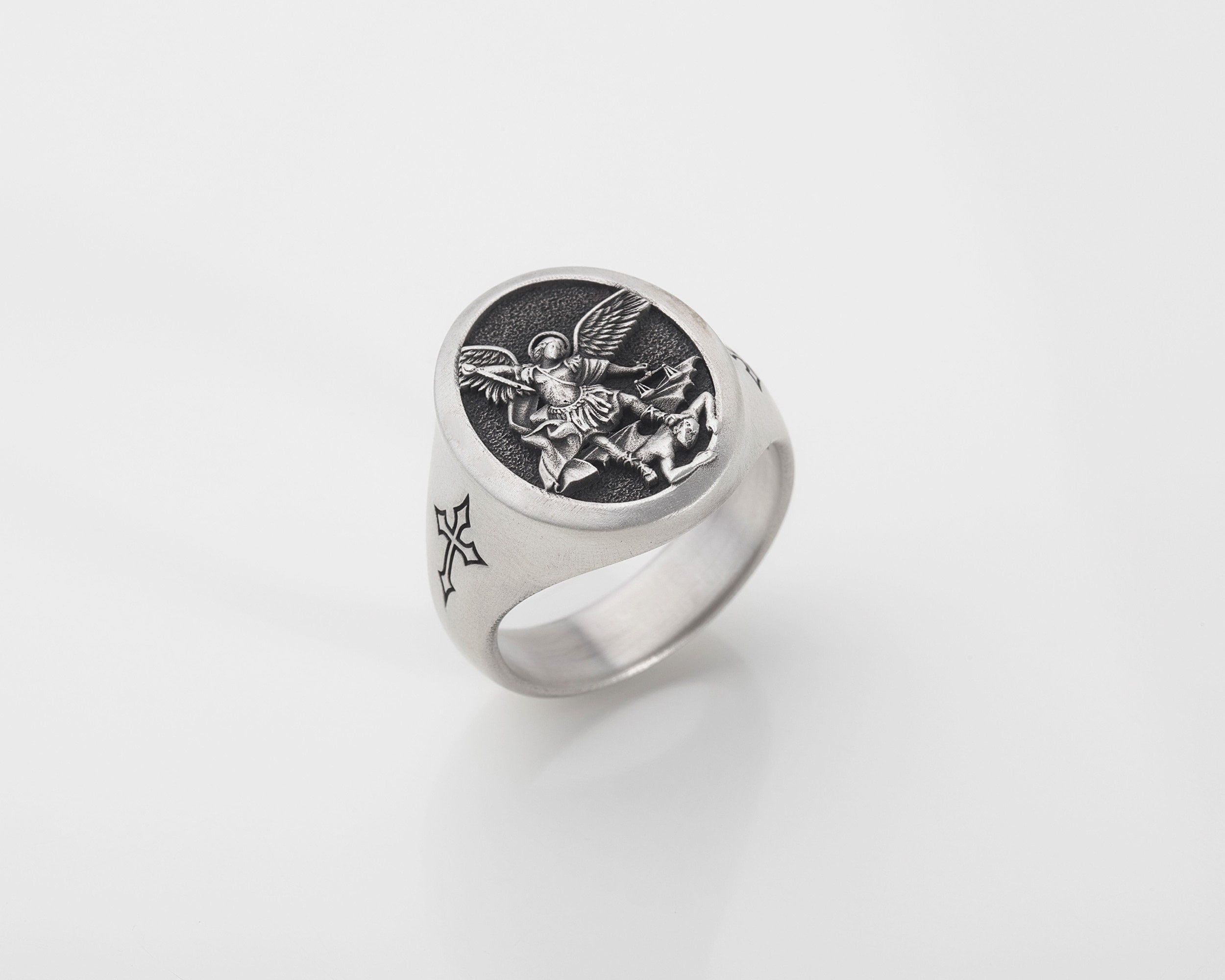 St. Michael Defeating Satan Ring - 925 Silver Archangel Protection ...