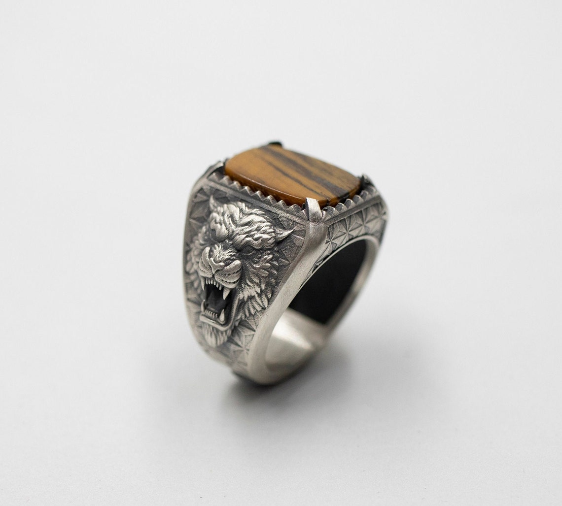 Tiger's Eye Silver Tiger Men's Ring, Red Garnet Ring, Tiger Eye Ring ...